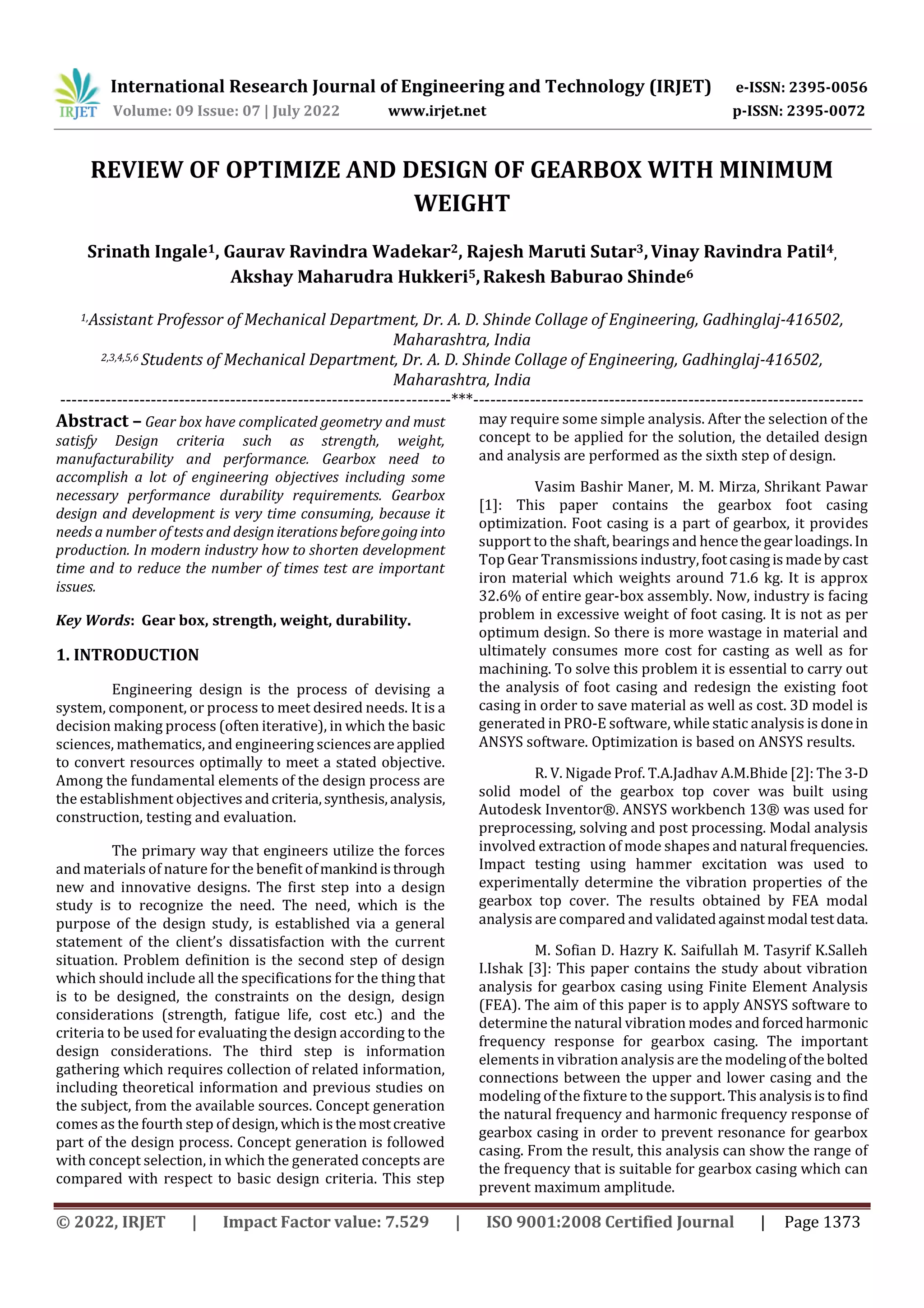 REVIEW OF OPTIMIZE AND DESIGN OF GEARBOX WITH MINIMUM WEIGHT | PDF