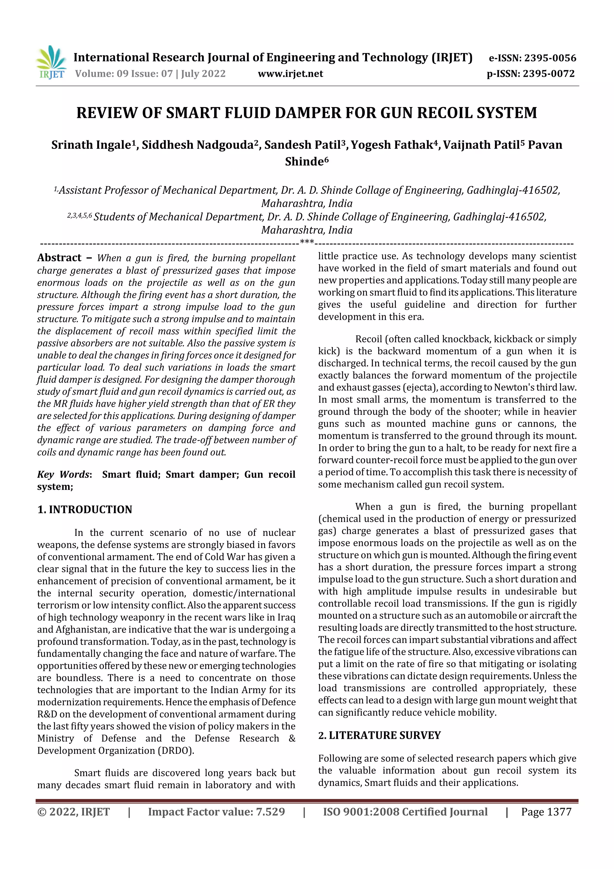 REVIEW OF SMART FLUID DAMPER FOR GUN RECOIL SYSTEM | PDF