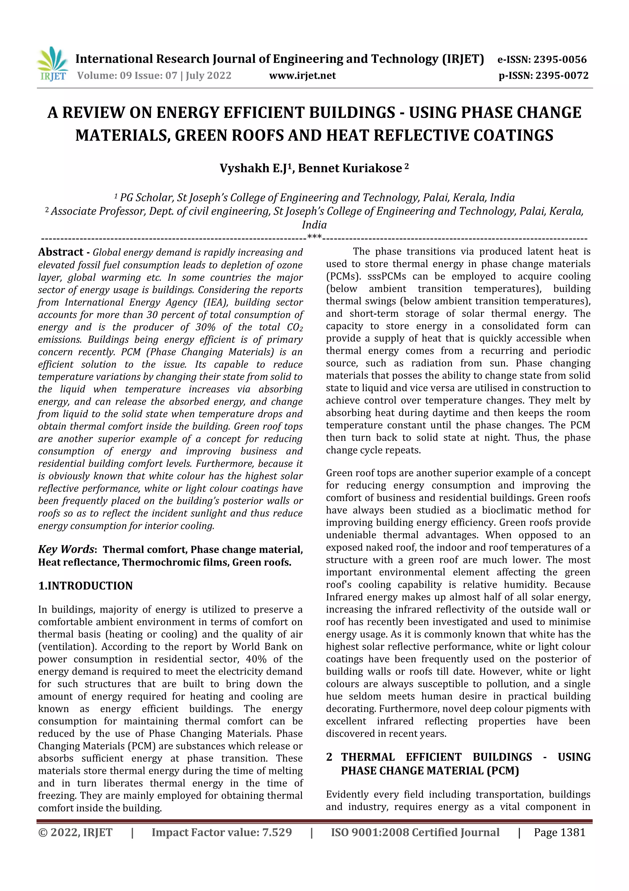 A REVIEW ON ENERGY EFFICIENT BUILDINGS - USING PHASE CHANGE MATERIALS, GREEN ROOFS AND HEAT ...