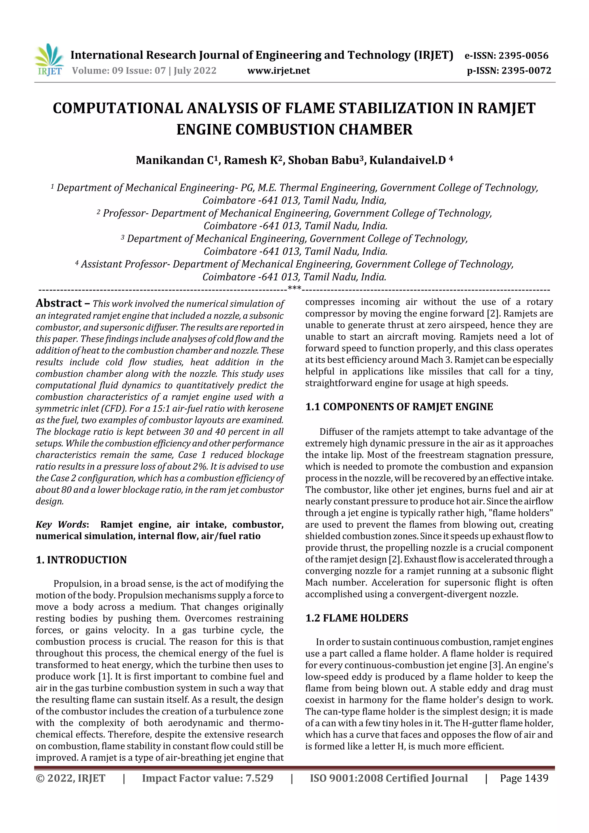 COMPUTATIONAL ANALYSIS OF FLAME STABILIZATION IN RAMJET ENGINE COMBUSTION CHAMBER | PDF ...