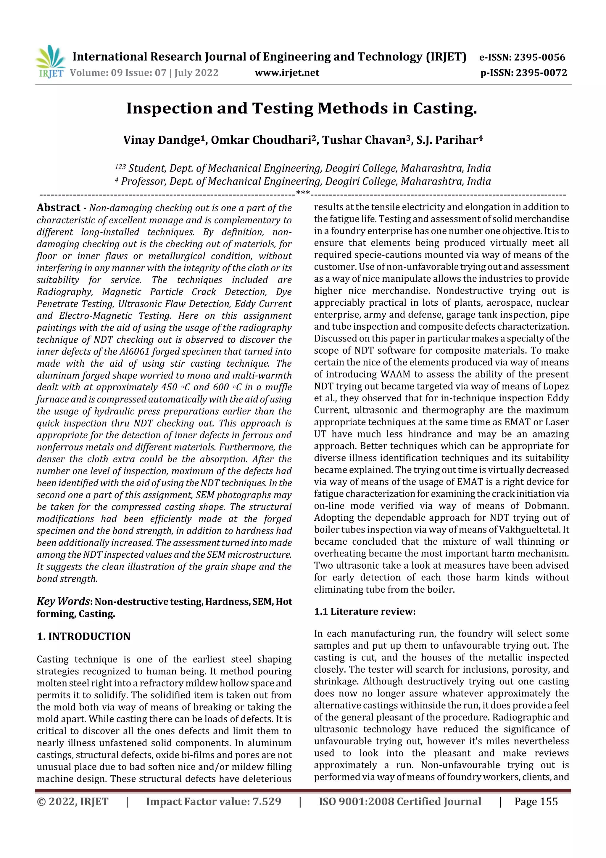 Inspection and Testing Methods in Casting. | PDF