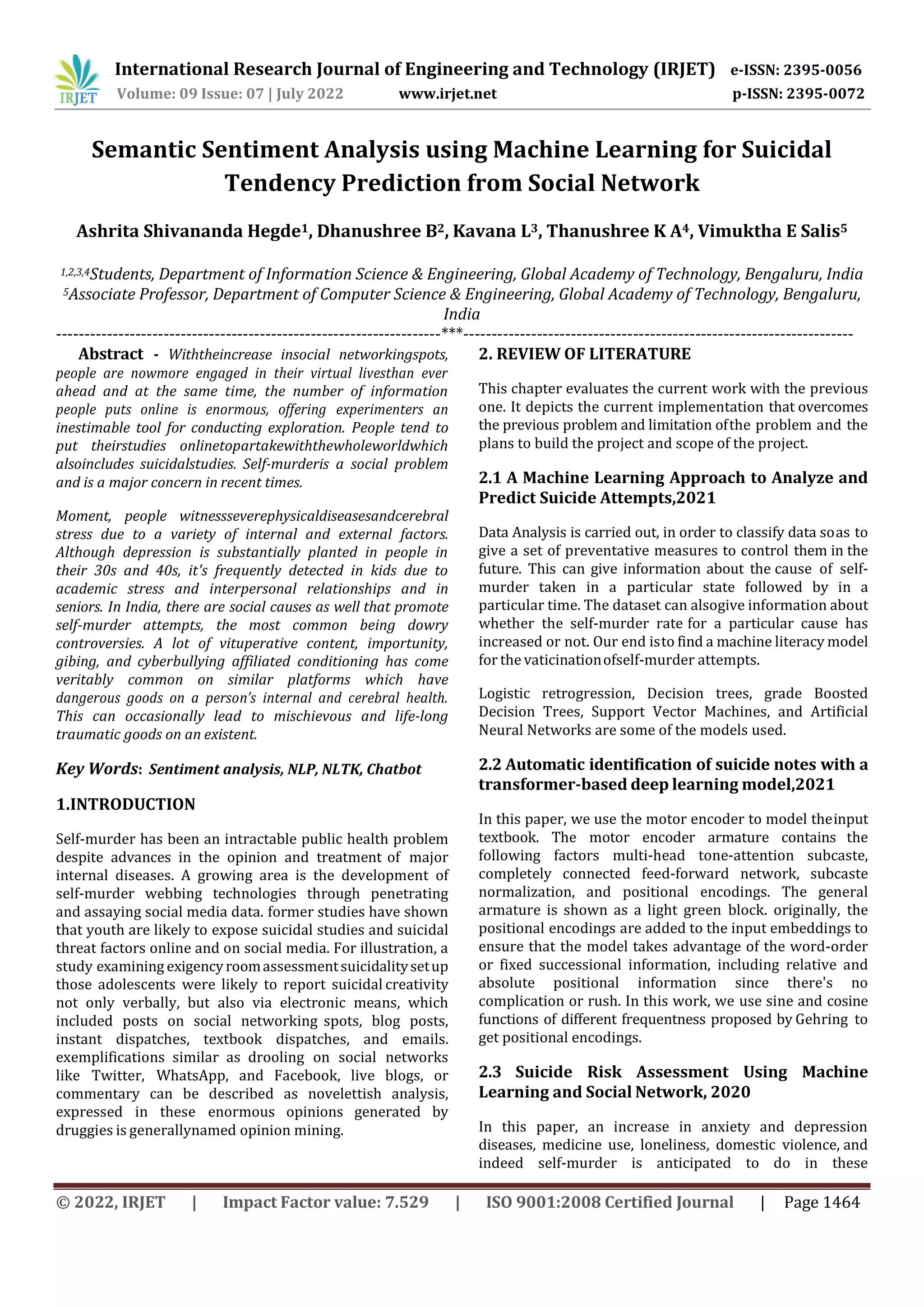 Semantic Sentiment Analysis using Machine Learning for Suicidal Tendency Prediction from Social ...