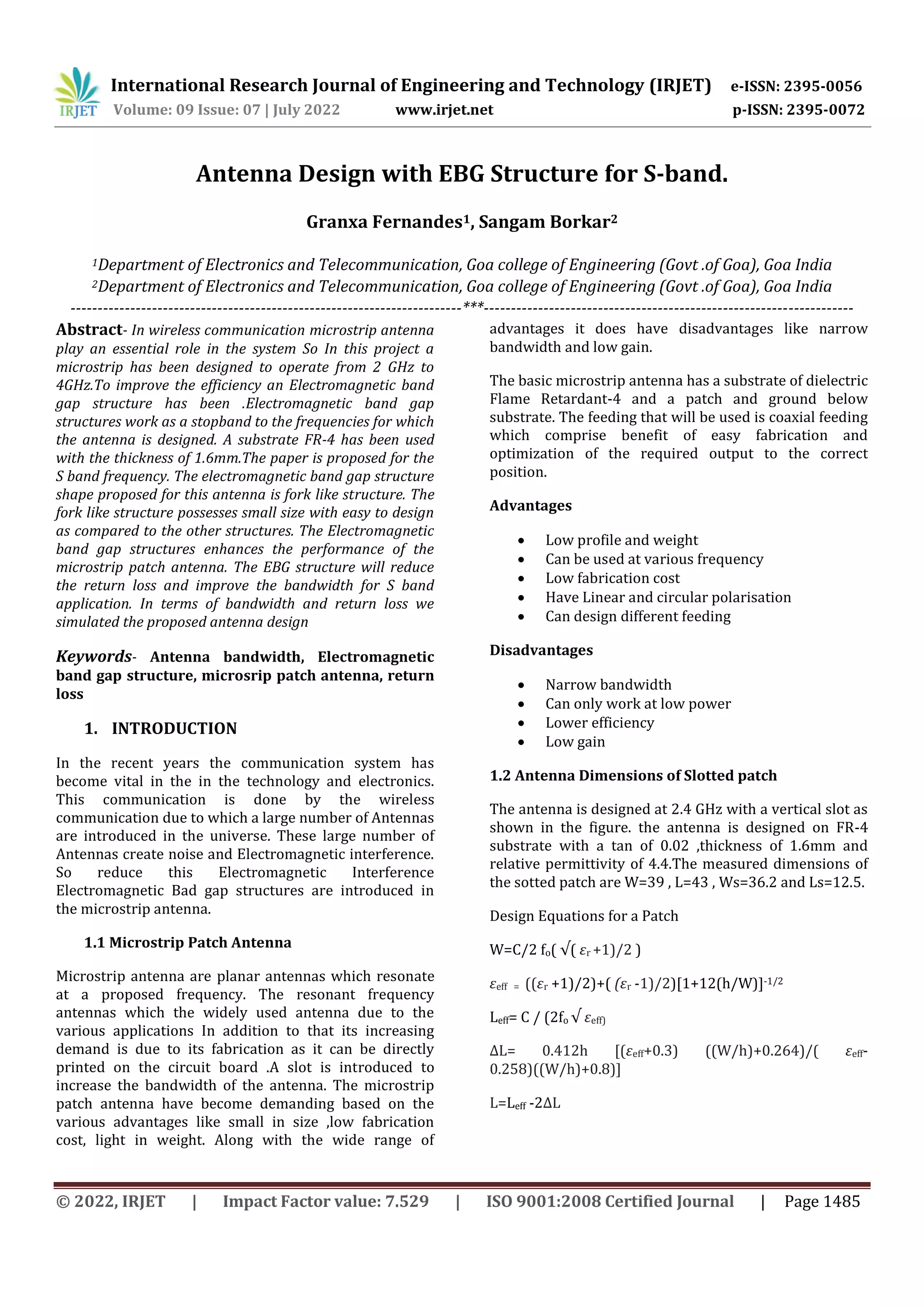 Antenna Design with EBG Structure for S-band. | PDF
