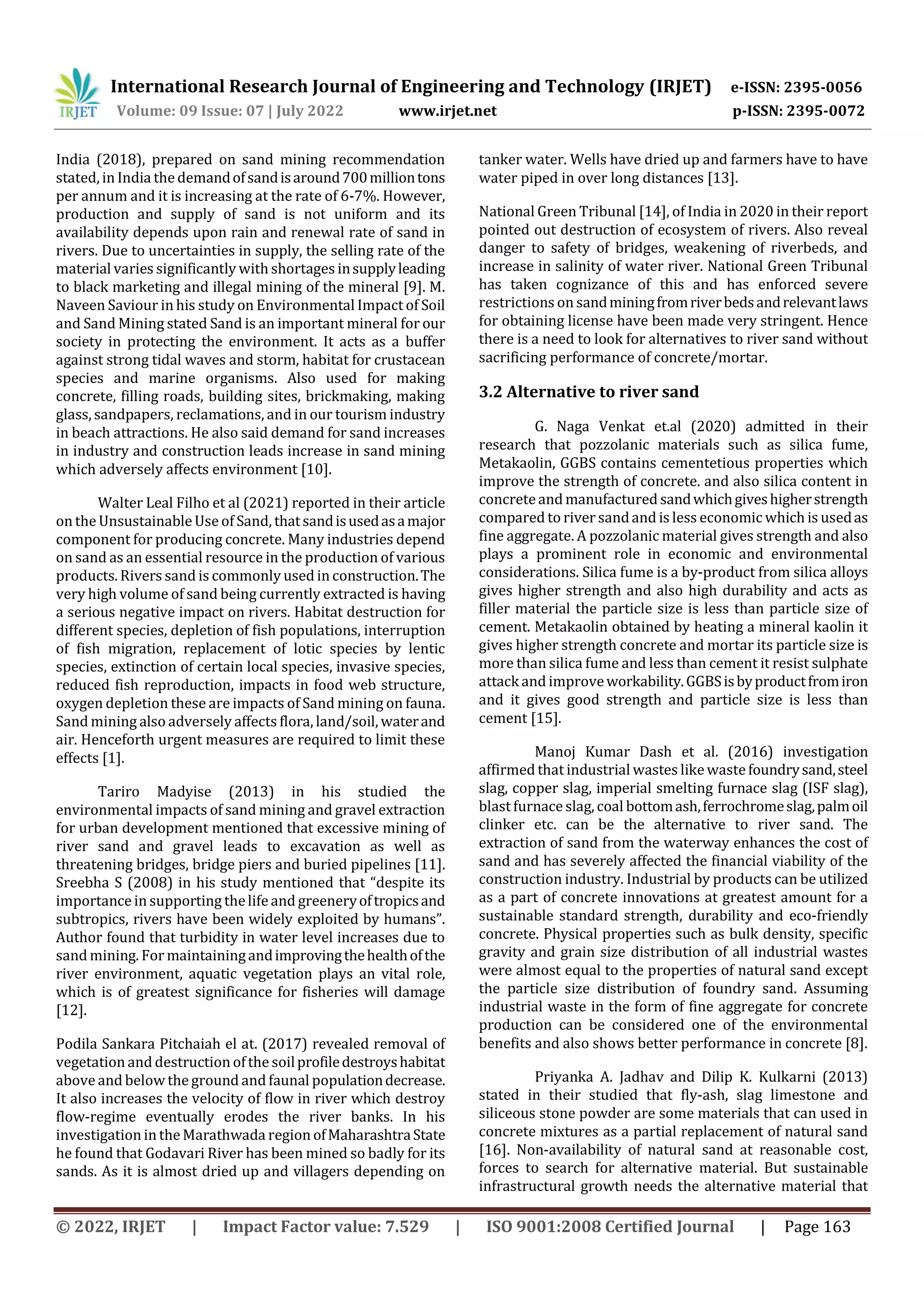 Investigation on Replacement of River Sand by Manufactured Sand for use ...