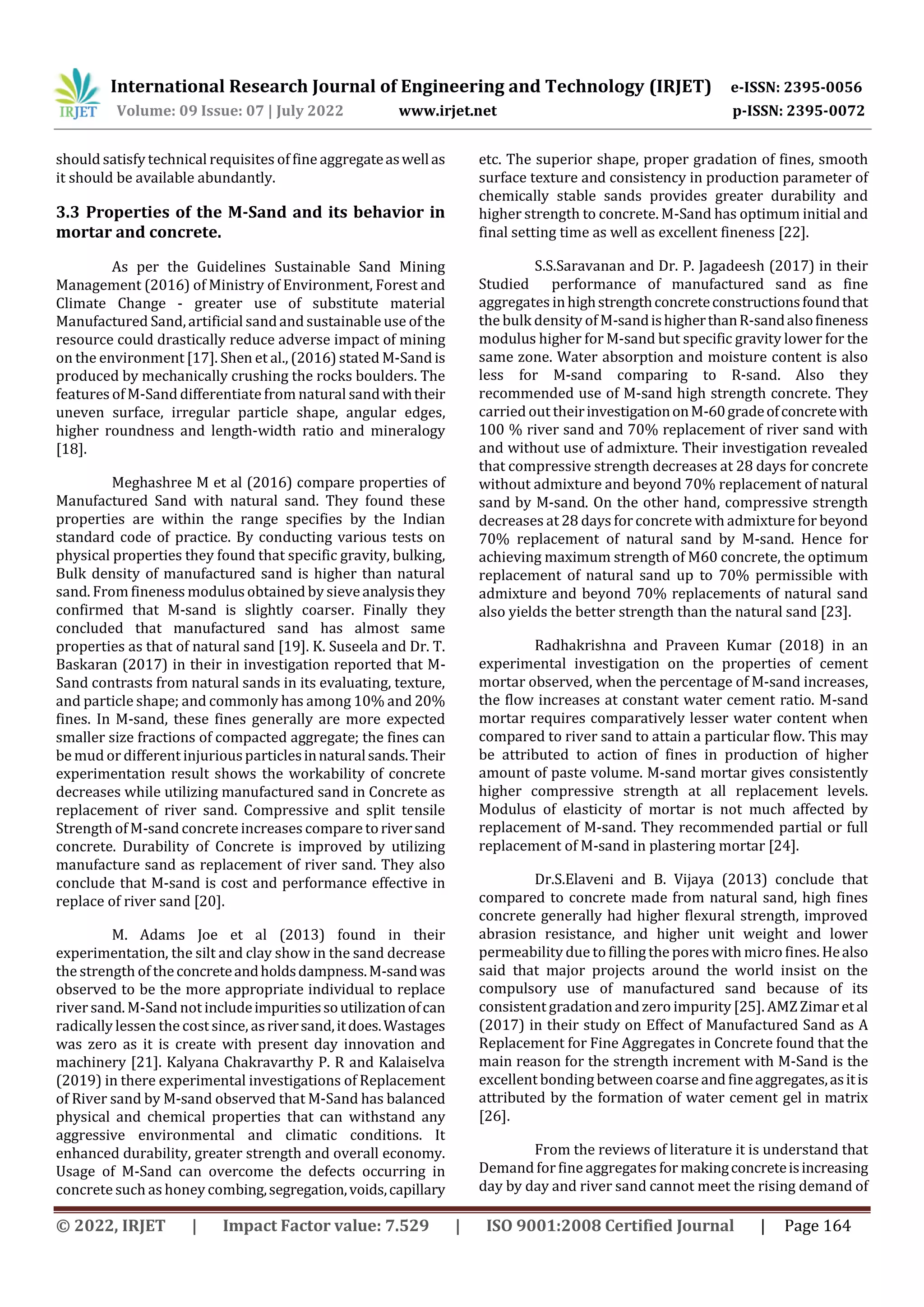 Investigation on Replacement of River Sand by Manufactured Sand for use in Mortar and Concrete | PDF