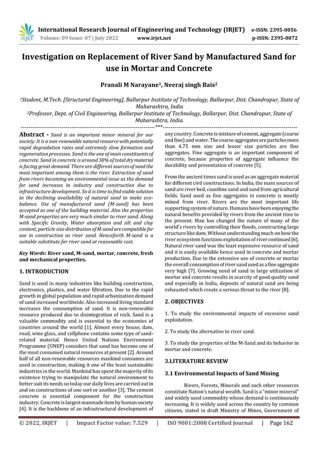 Investigation on Replacement of River Sand by Manufactured Sand for use ...