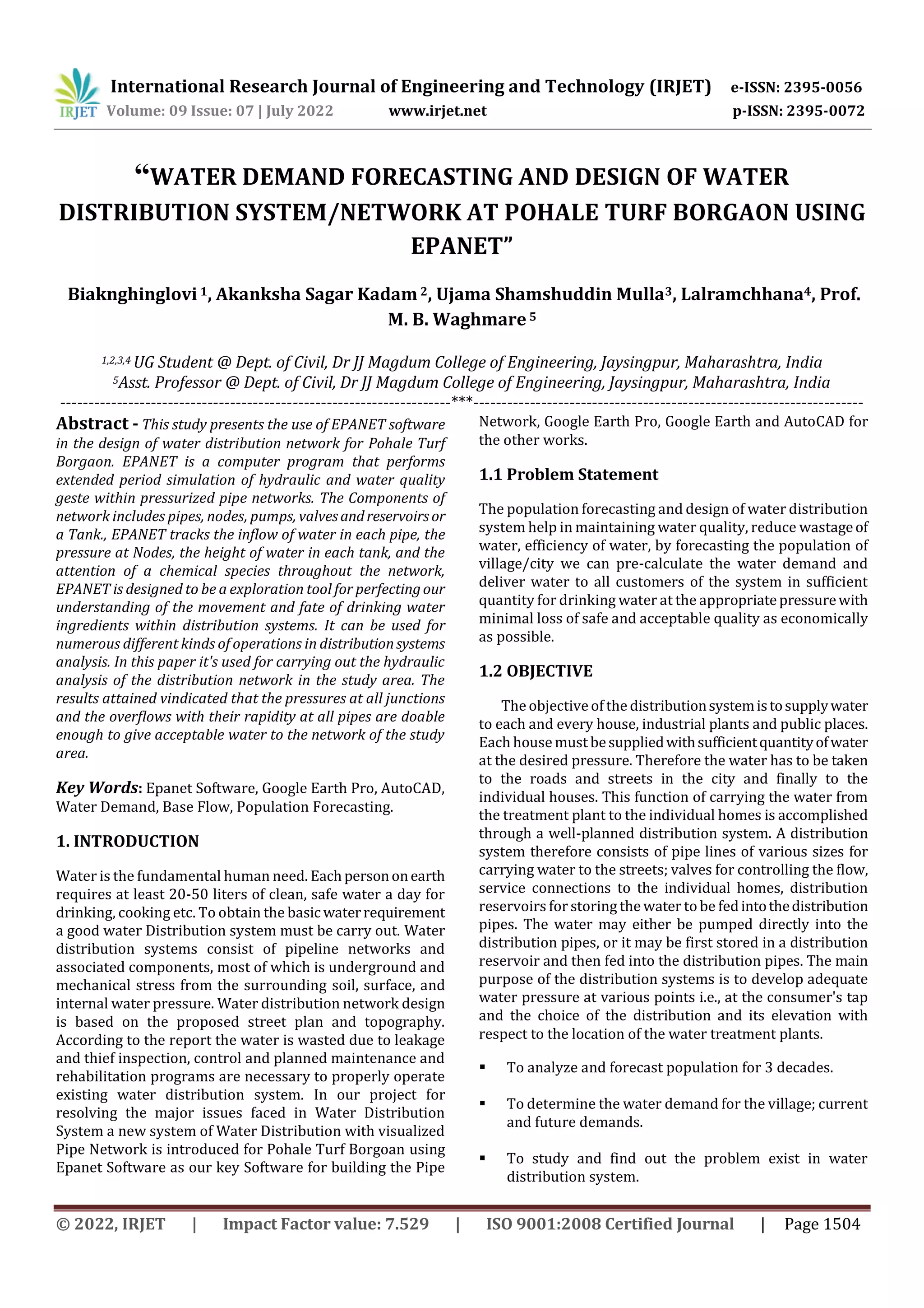 “WATER DEMAND FORECASTING AND DESIGN OF WATER DISTRIBUTION SYSTEM/NETWORK AT POHALE TURF BORGAON ...