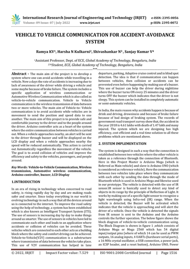 VEHICLE TO VEHICLE COMMUNICATION FOR ACCIDENT-AVOIDANCE SYSTEM | PDF ...