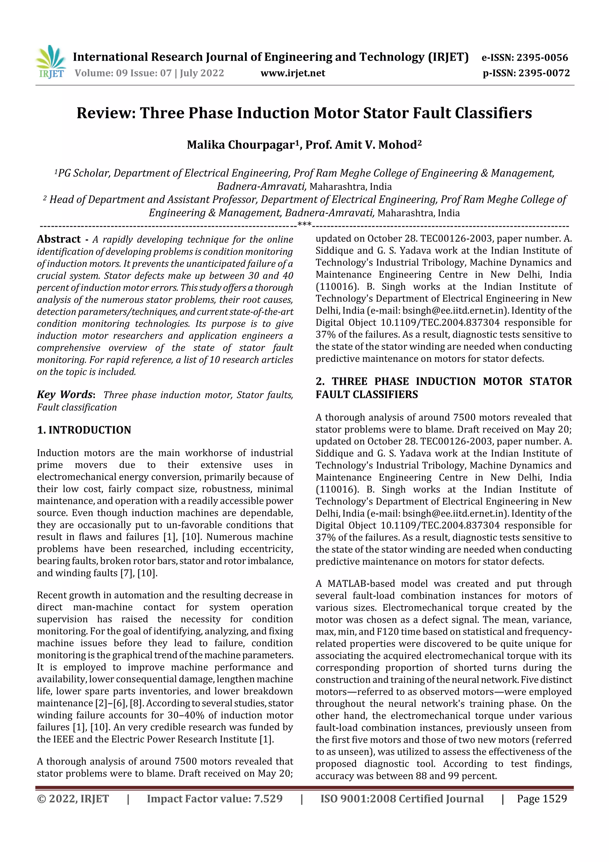 Review Three Phase Induction Motor Stator Fault Classifiers Pdf