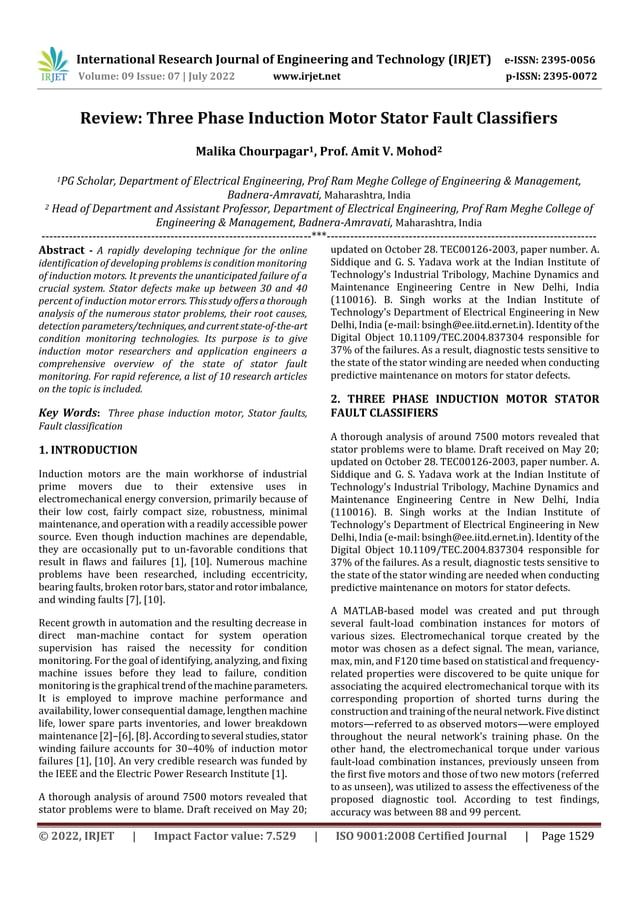 Review Three Phase Induction Motor Stator Fault Classifiers Pdf