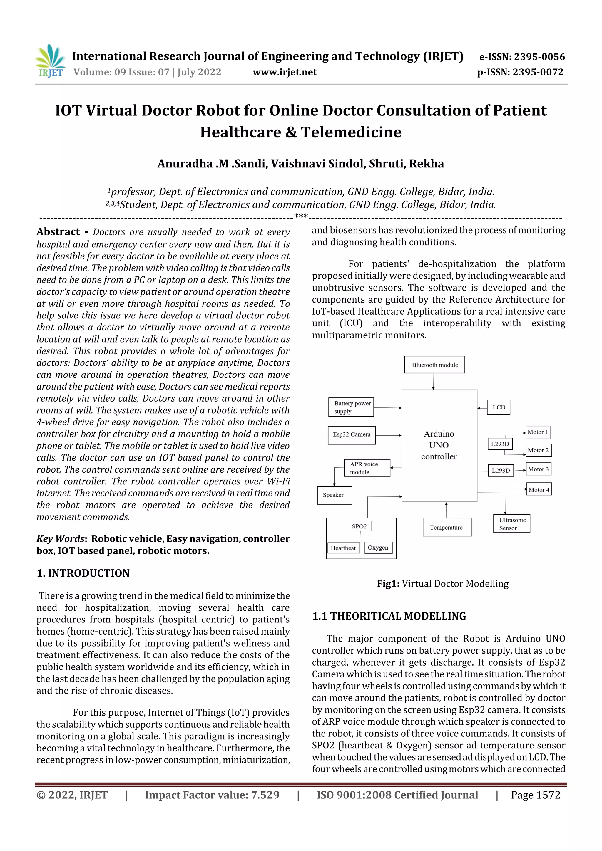 IOT Virtual Doctor Robot for Online Doctor Consultation of Patient Healthcare & Telemedicine | PDF