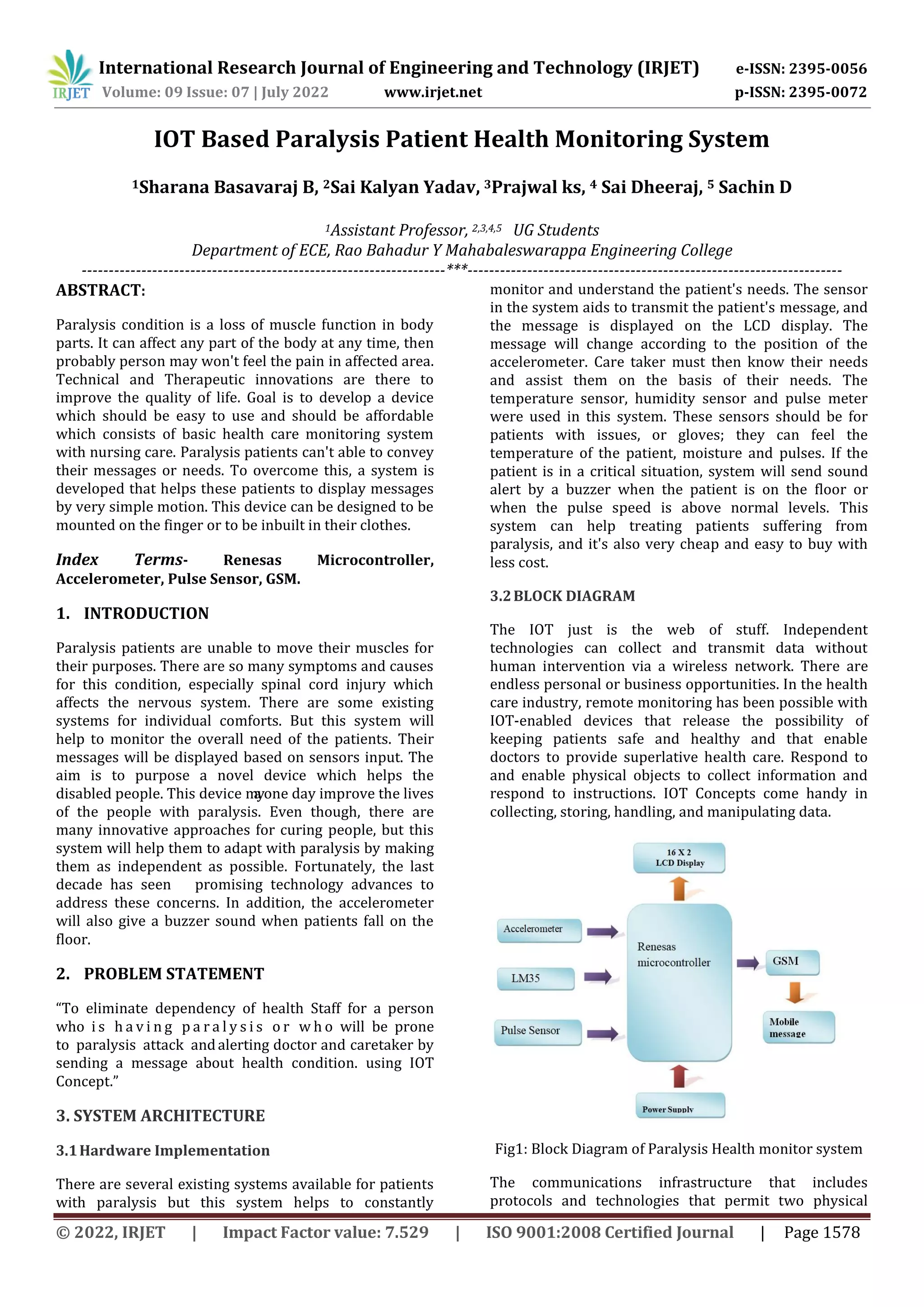 IOT Based Paralysis Patient Health Monitoring System | PDF