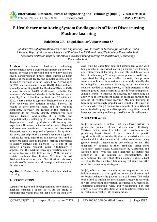 E-Healthcare monitoring System for diagnosis of Heart Disease using Machine Learning | PDF