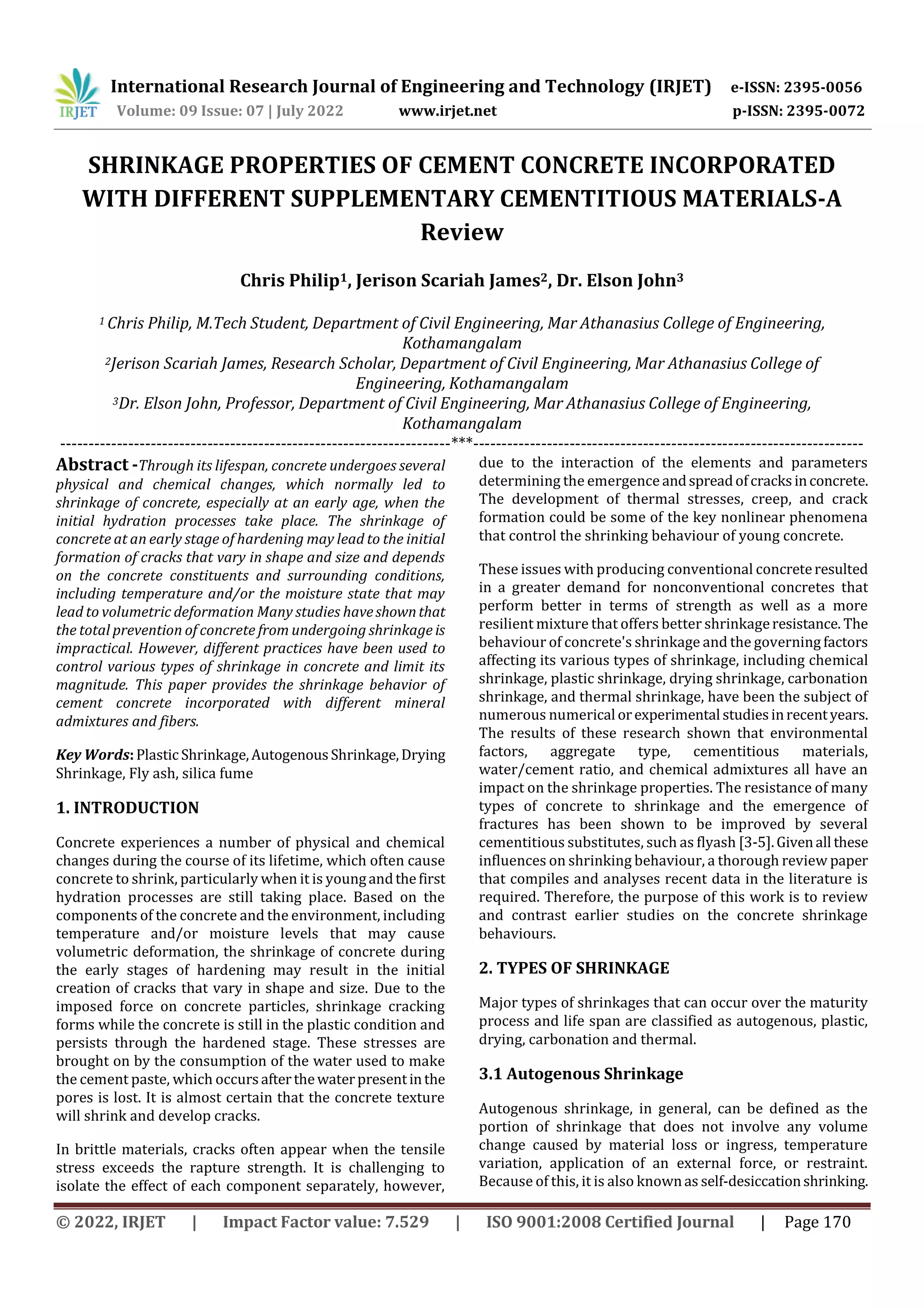 SHRINKAGE PROPERTIES OF CEMENT CONCRETE INCORPORATED WITH DIFFERENT ...