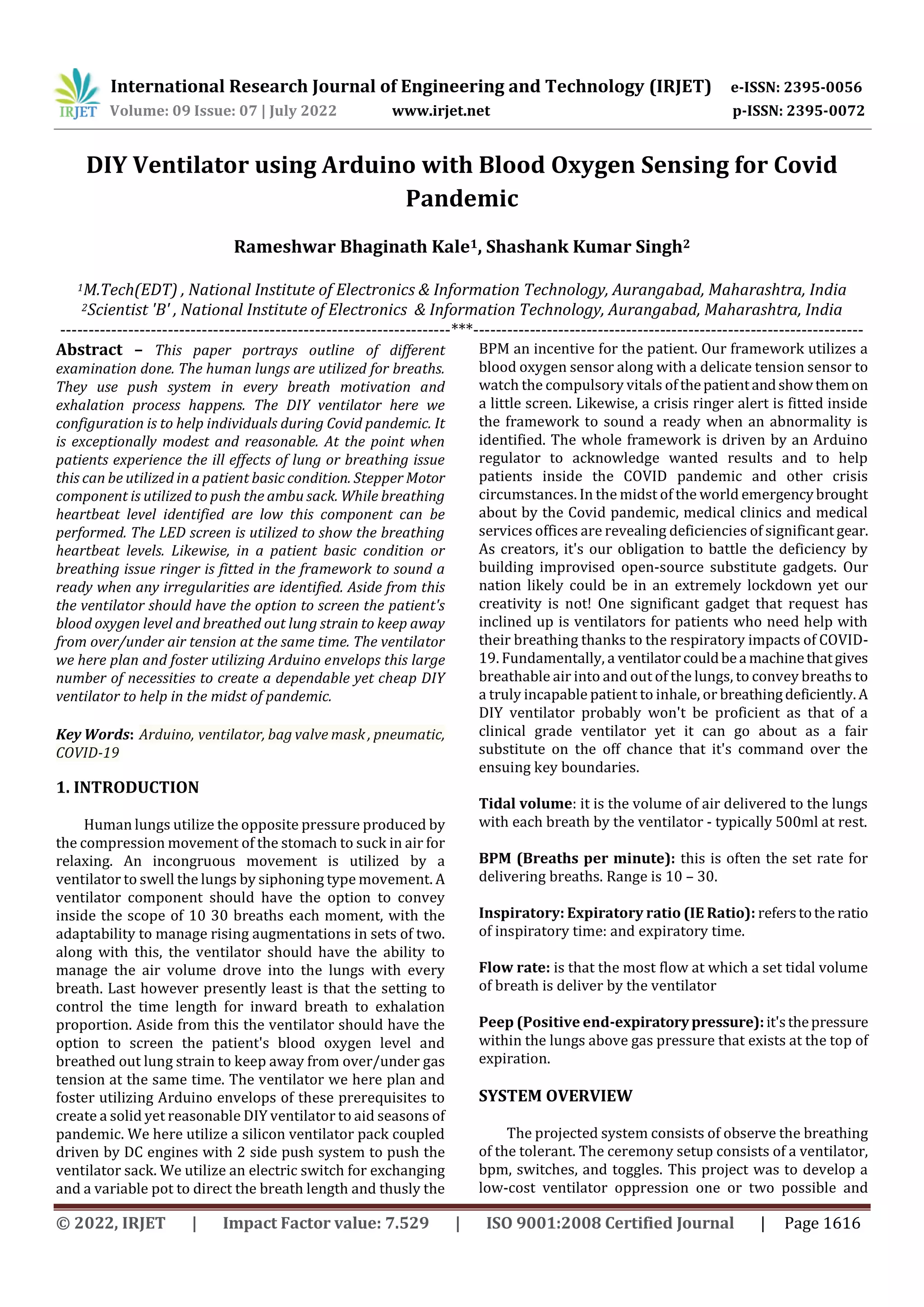 DIY Ventilator using Arduino with Blood Oxygen Sensing for Covid ...