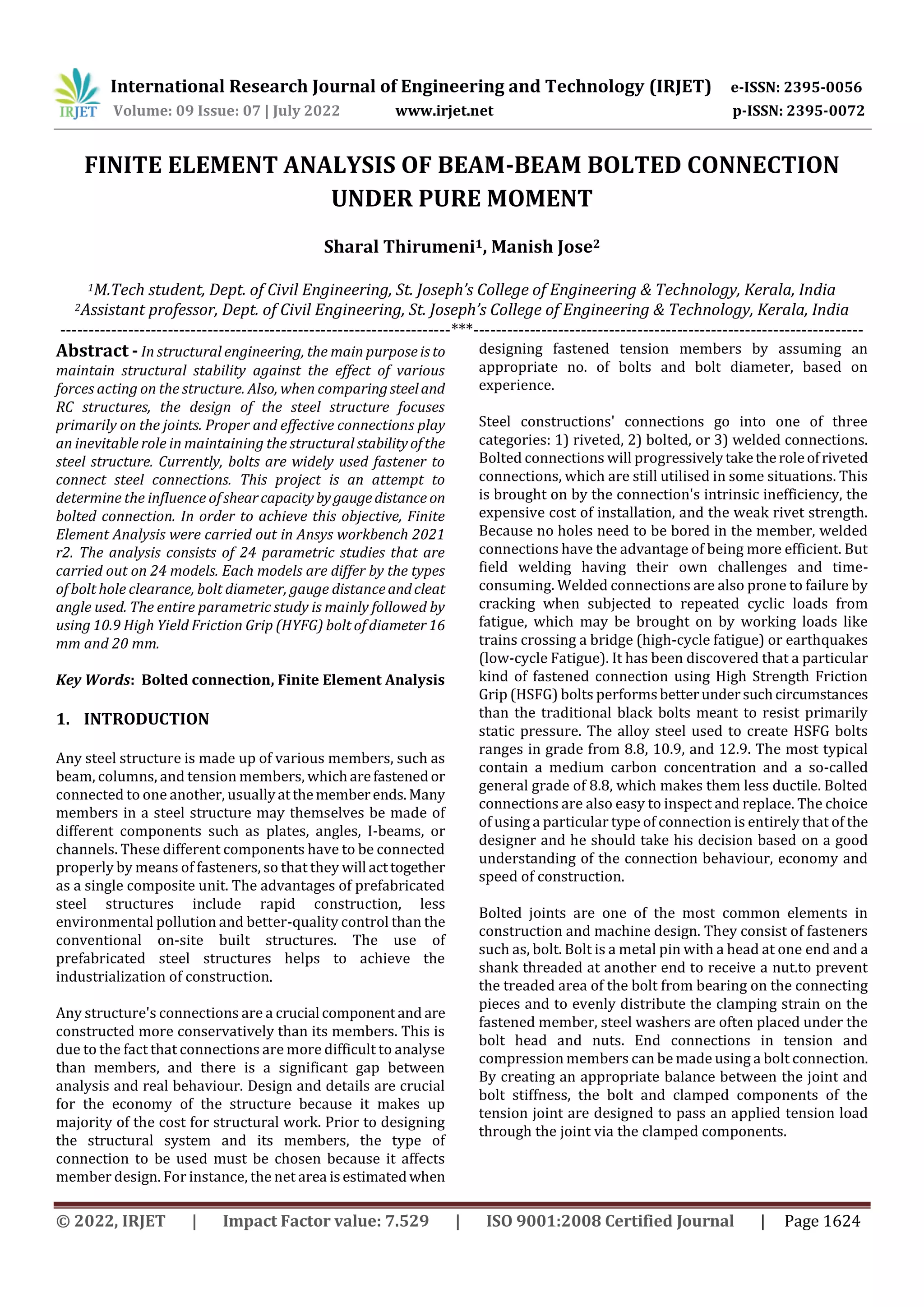 FINITE ELEMENT ANALYSIS OF BEAM-BEAM BOLTED CONNECTION UNDER PURE ...