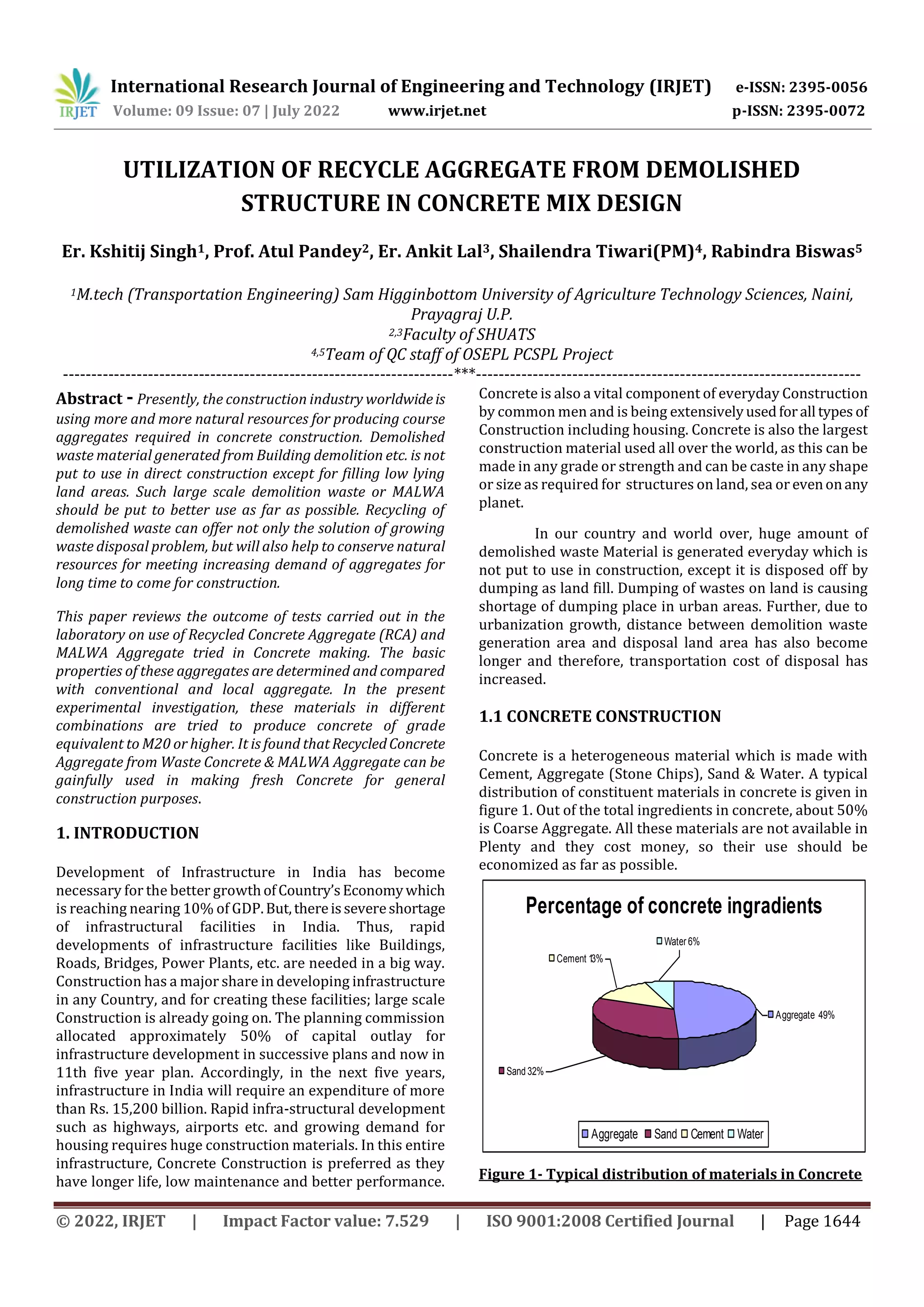 UTILIZATION OF RECYCLE AGGREGATE FROM DEMOLISHED STRUCTURE IN CONCRETE MIX DESIGN | PDF