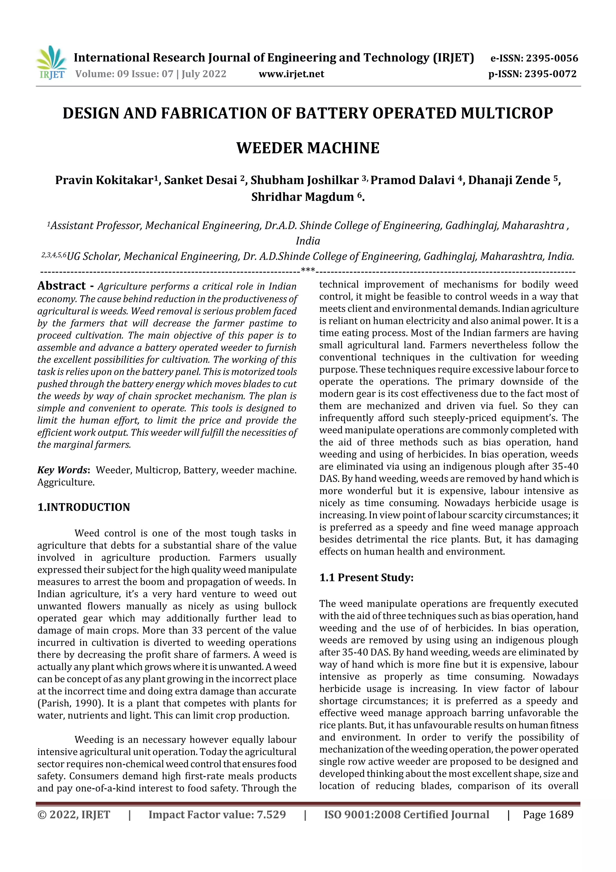 DESIGN AND FABRICATION OF BATTERY OPERATED MULTICROP WEEDER MACHINE | PDF