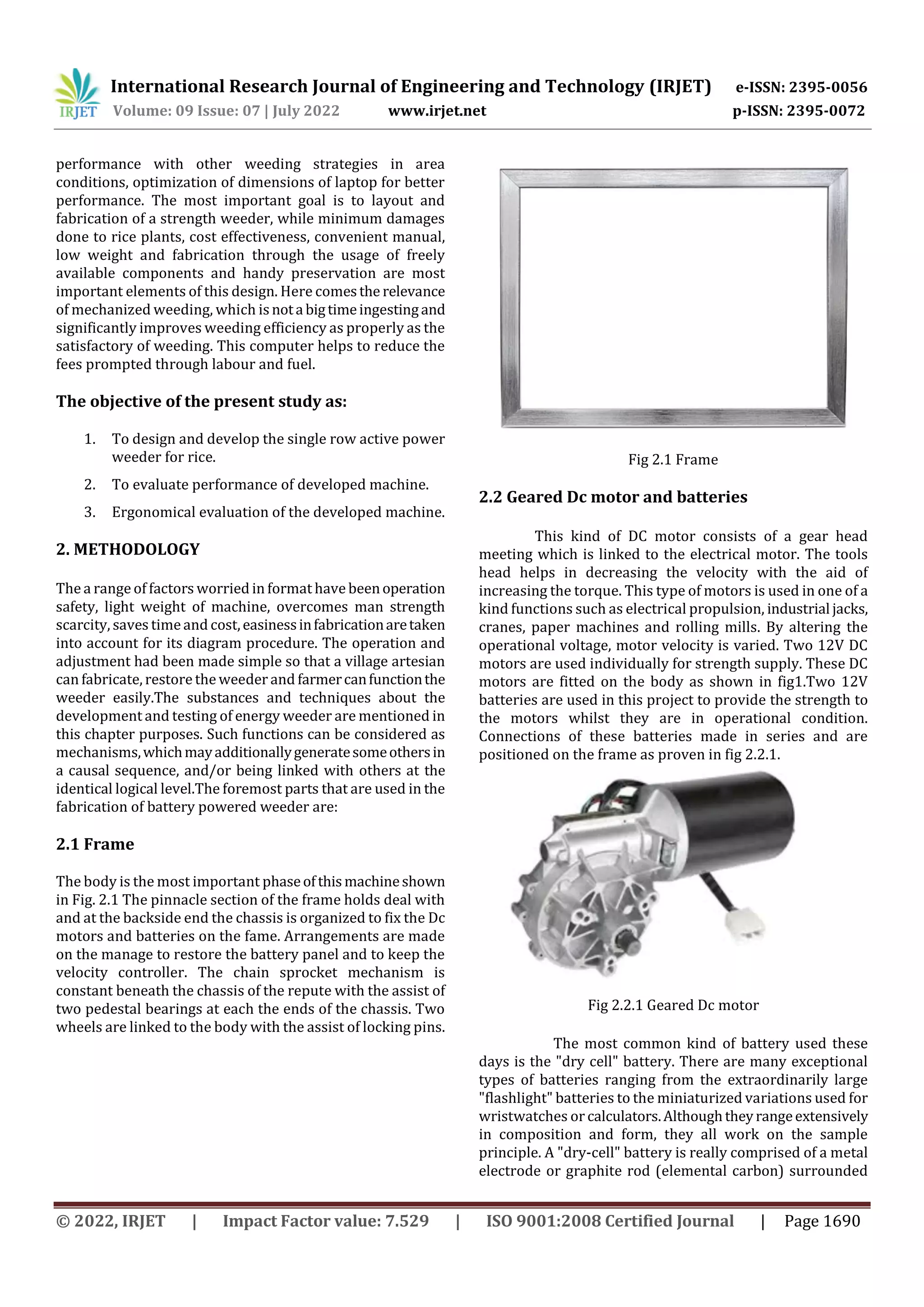 DESIGN AND FABRICATION OF BATTERY OPERATED MULTICROP WEEDER MACHINE | PDF