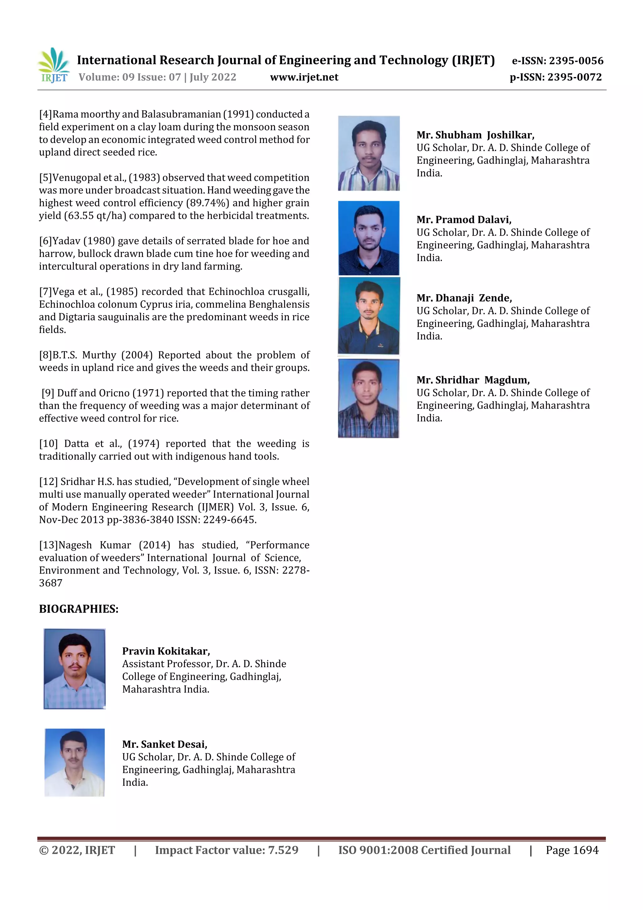 DESIGN AND FABRICATION OF BATTERY OPERATED MULTICROP WEEDER MACHINE | PDF