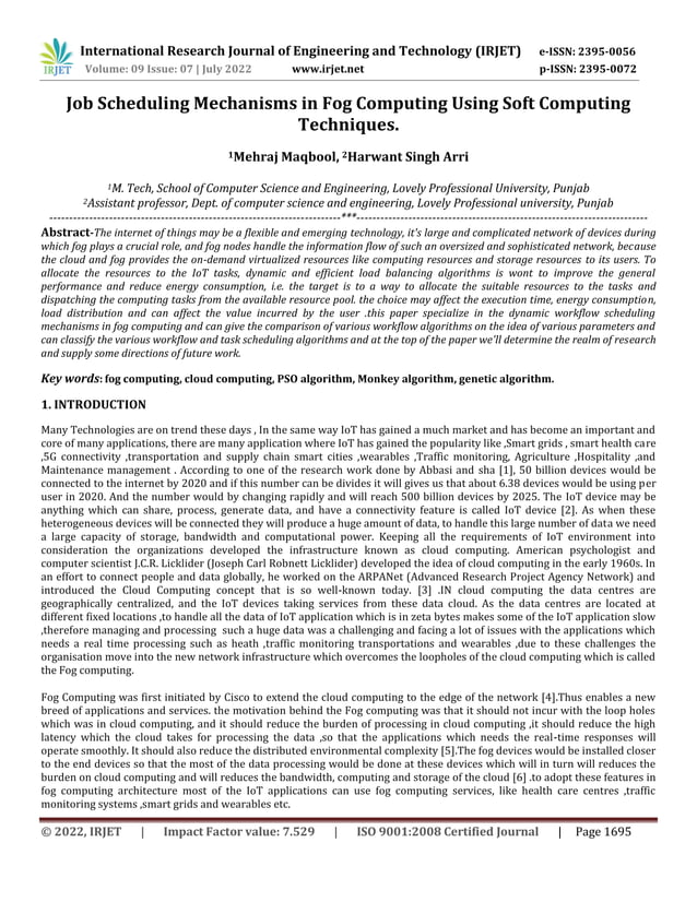 Job Scheduling Mechanisms in Fog Computing Using Soft Computing Techniques. | PDF