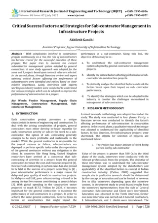 Critical Success Factors and Strategies for Sub-contractor Management in Infrastructure Projects ...