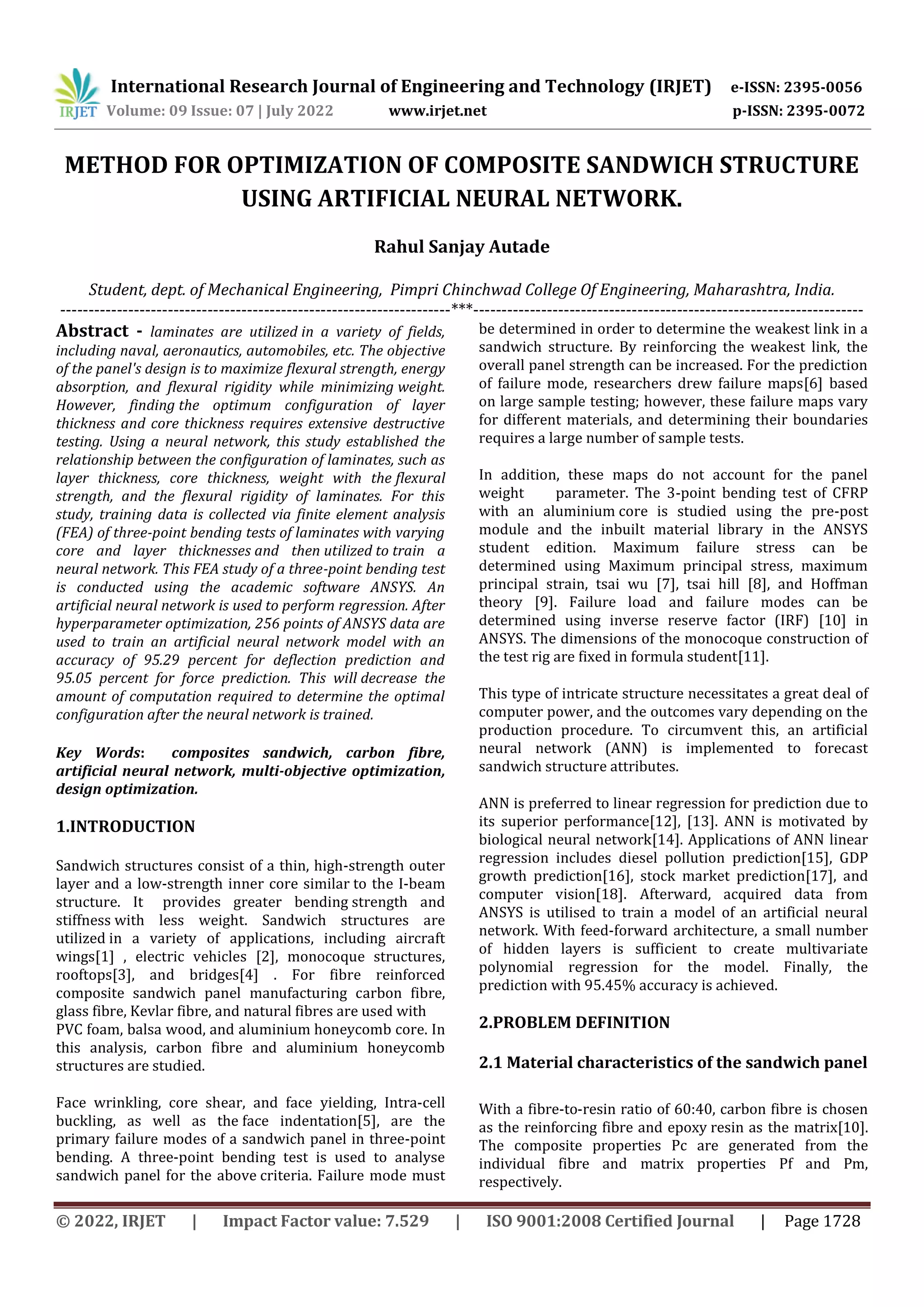 METHOD FOR OPTIMIZATION OF COMPOSITE SANDWICH STRUCTURE USING ARTIFICIAL NEURAL NETWORK | PDF
