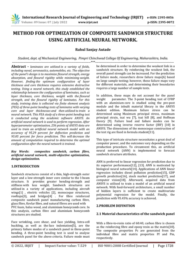 METHOD FOR OPTIMIZATION OF COMPOSITE SANDWICH STRUCTURE USING ARTIFICIAL NEURAL NETWORK | PDF