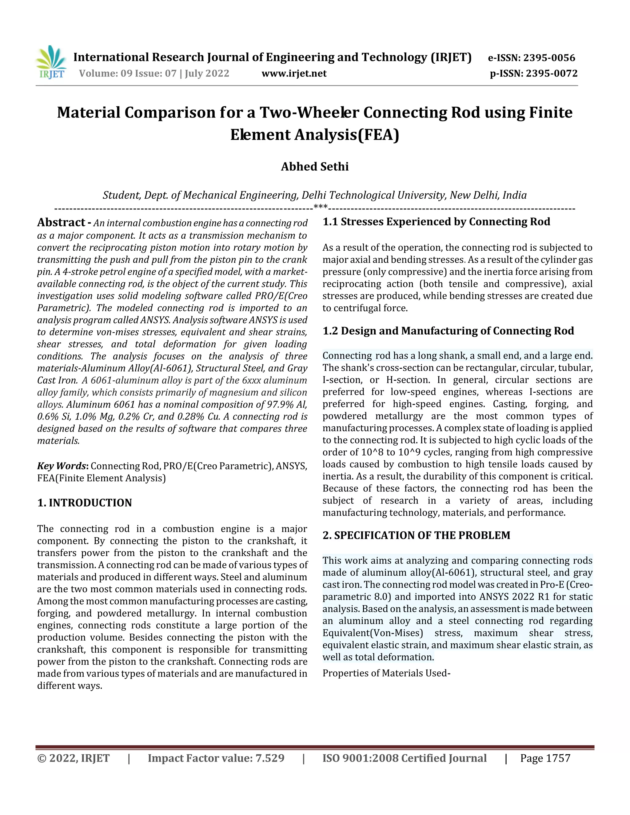 Material Comparison for a Two-Wheeler Connecting Rod using Finite ...