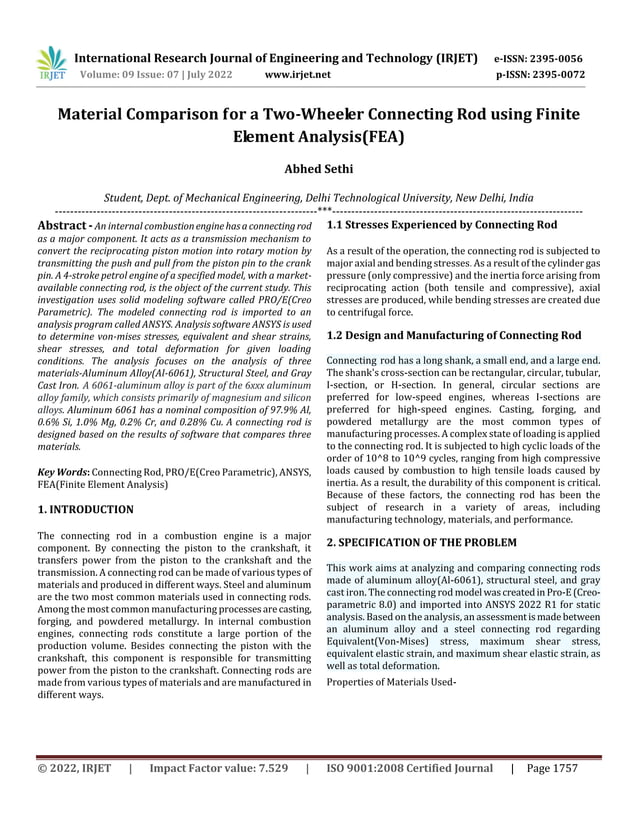 Material Comparison for a Two-Wheeler Connecting Rod using Finite Element Analysis(FEA) | PDF