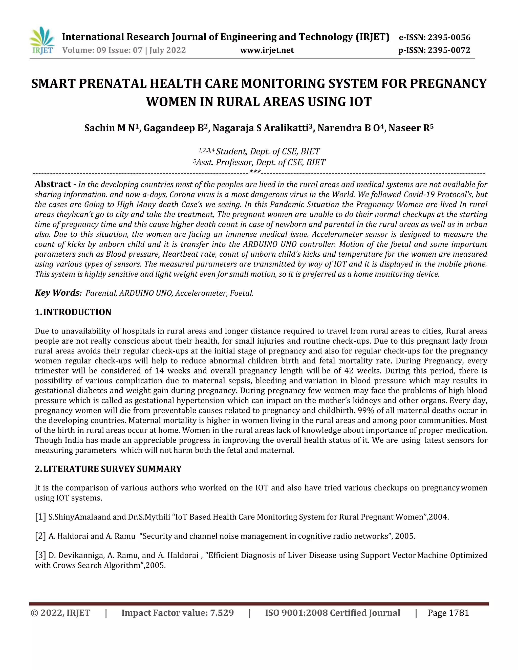 SMART PRENATAL HEALTH CARE MONITORING SYSTEM FOR PREGNANCY WOMEN IN ...