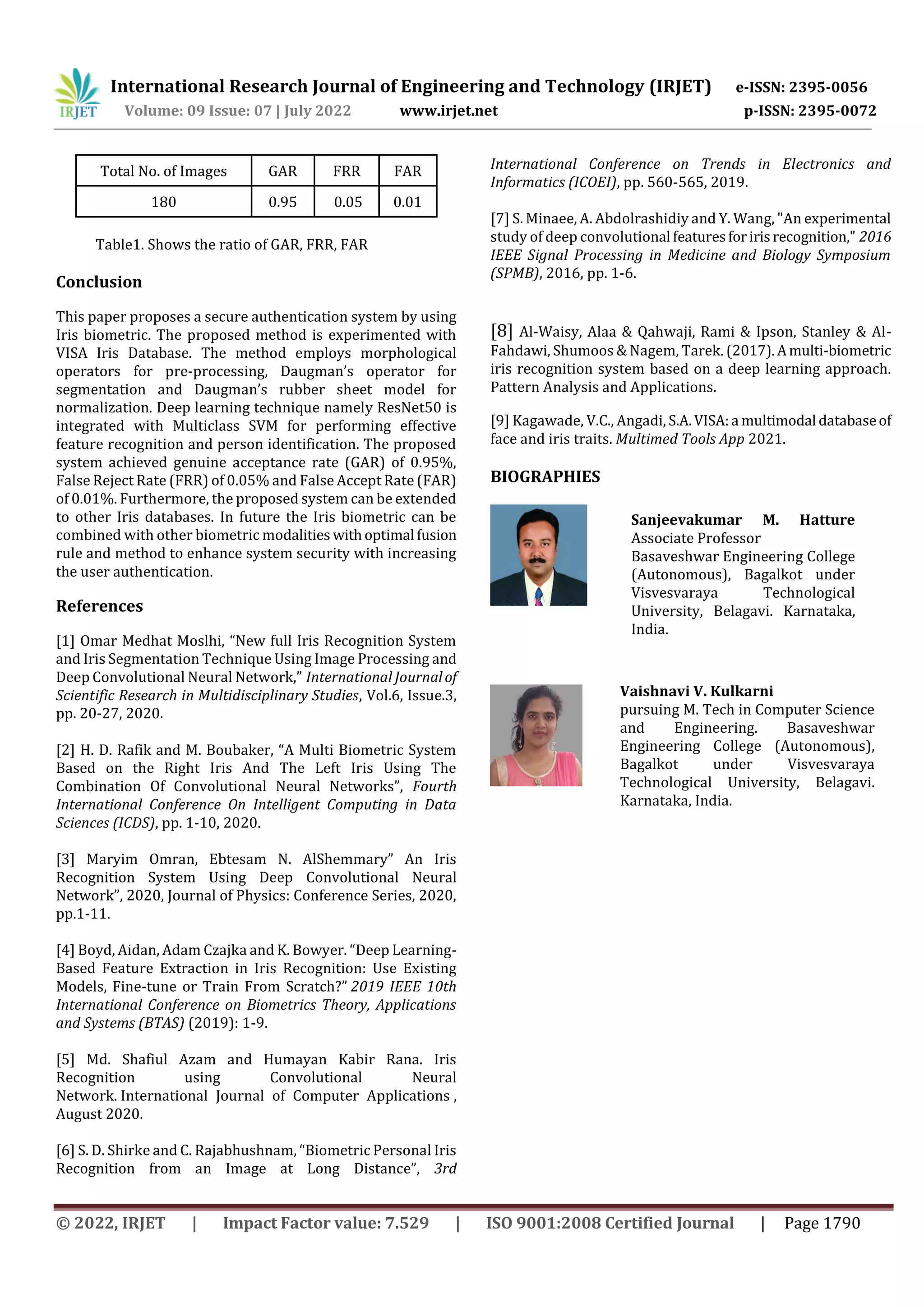 Iris Biometric Based Person Identification Using Deep Learning