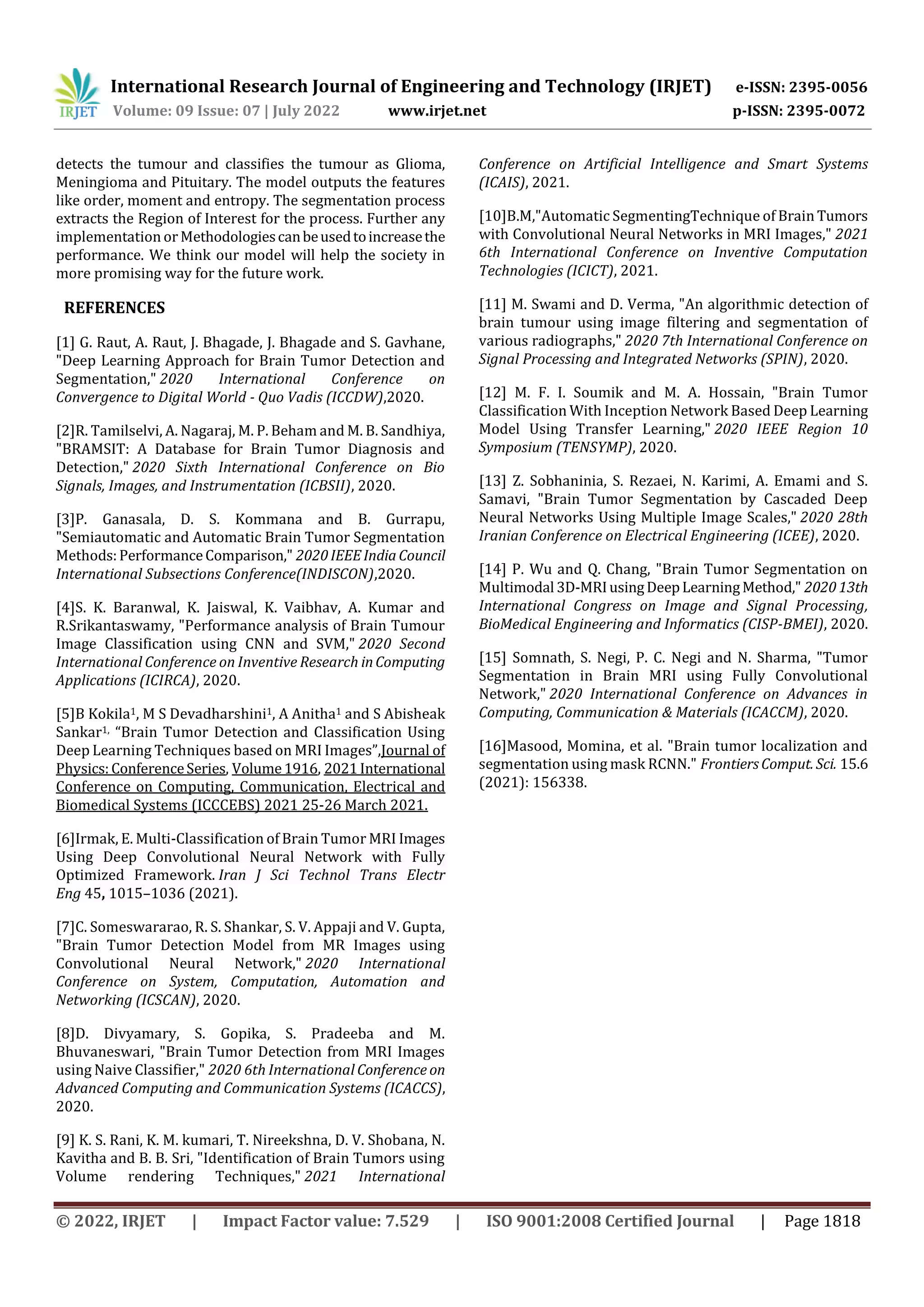 A Review On Brain Tumor Detection For Higher Accuracy Using Deep Neural Network And Mask Rcnn Pdf