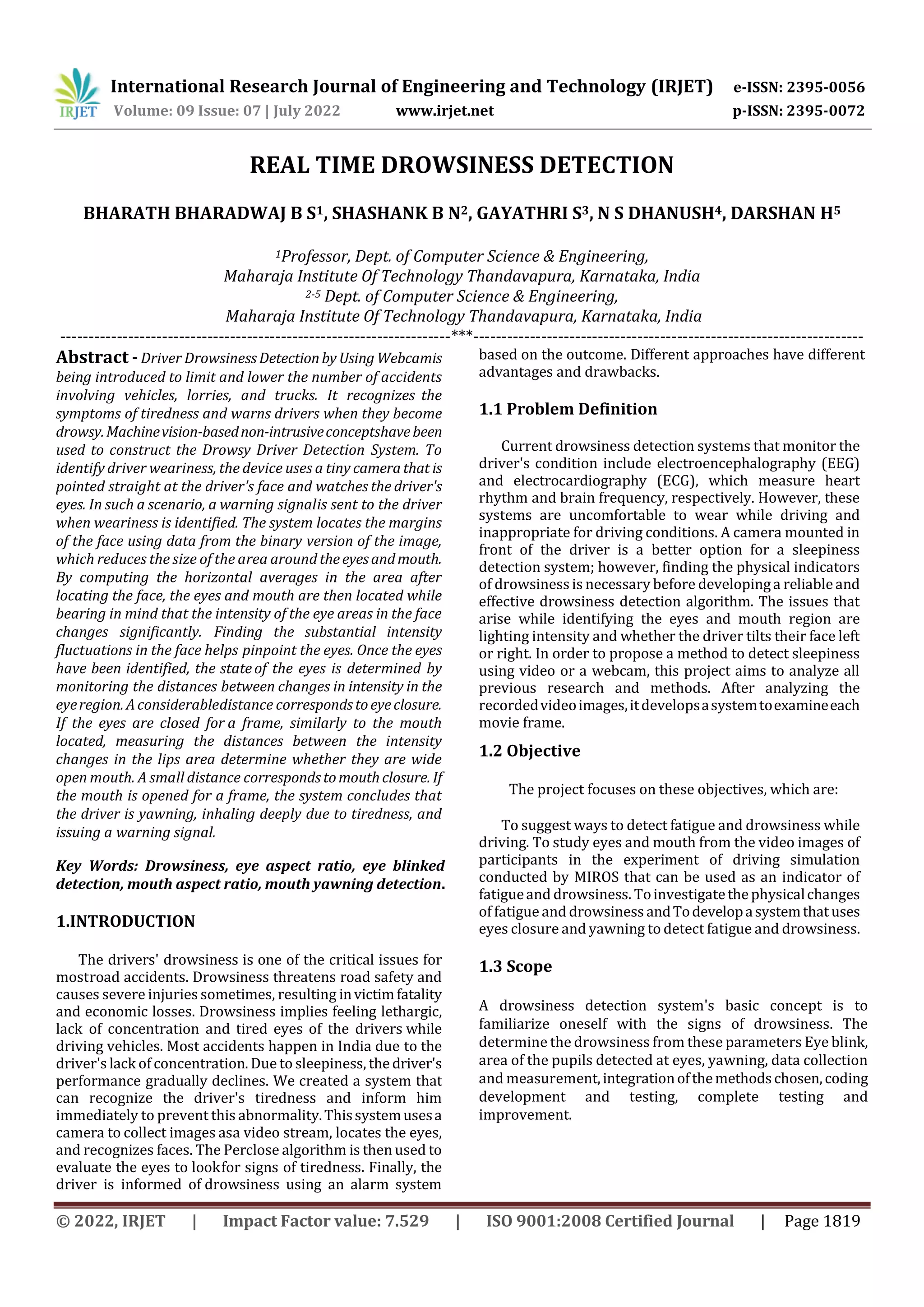 Real Time Drowsiness Detection Pdf