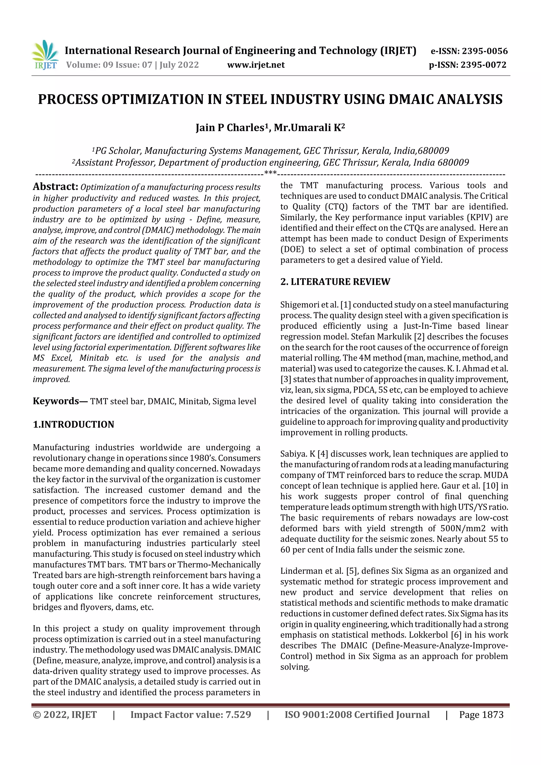 PROCESS OPTIMIZATION IN STEEL INDUSTRY USING DMAIC ANALYSIS | PDF