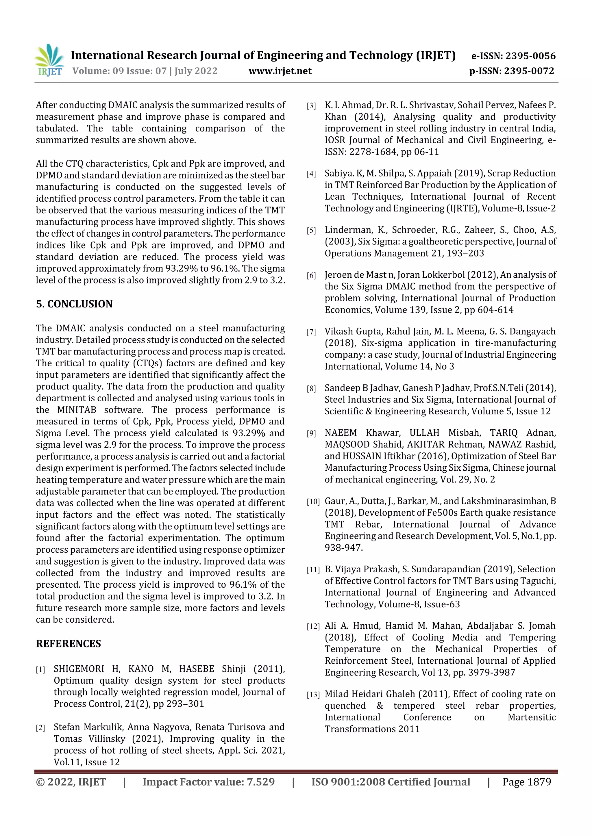 PROCESS OPTIMIZATION IN STEEL INDUSTRY USING DMAIC ANALYSIS | PDF