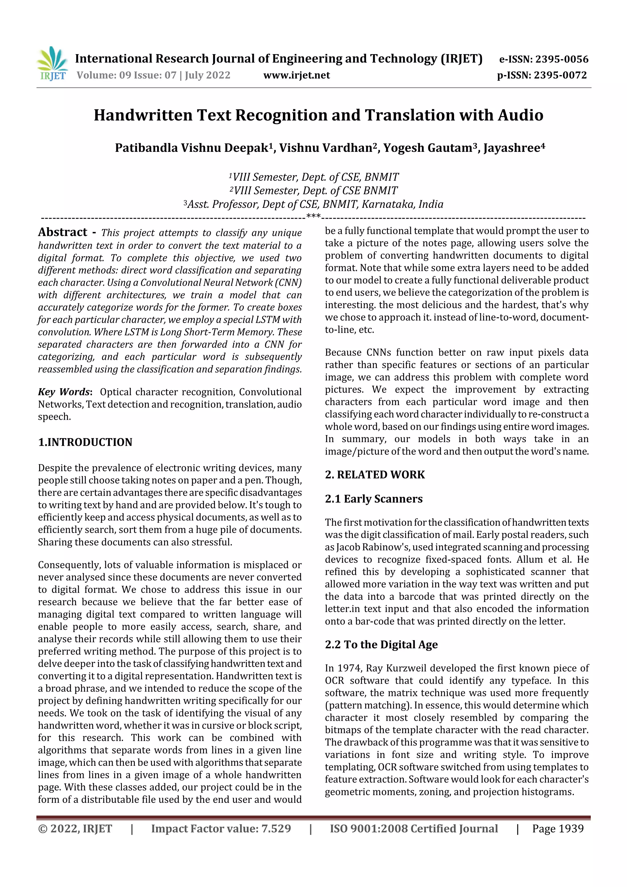Handwritten Text Recognition and Translation with Audio | PDF