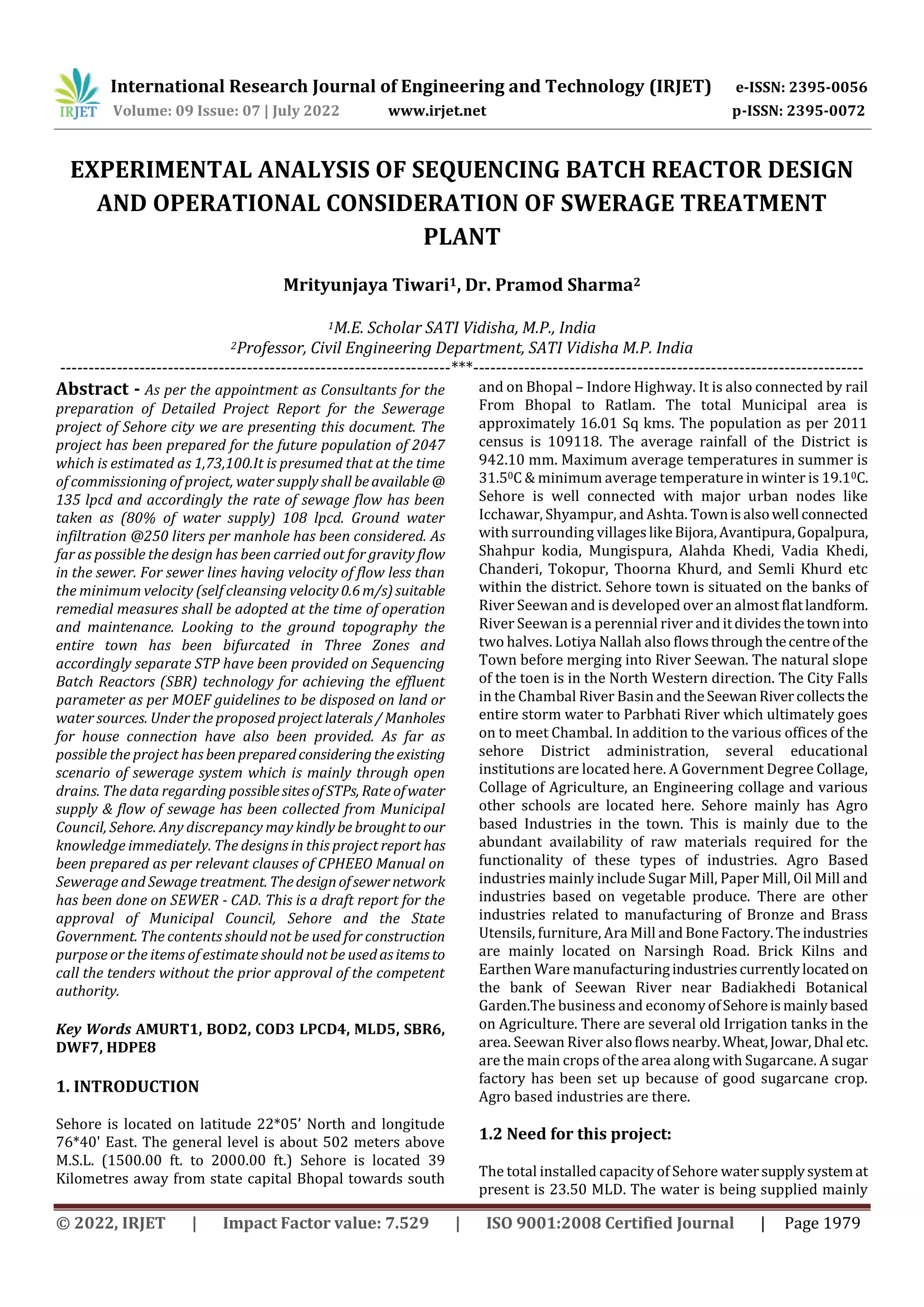 EXPERIMENTAL ANALYSIS OF SEQUENCING BATCH REACTOR DESIGN AND ...
