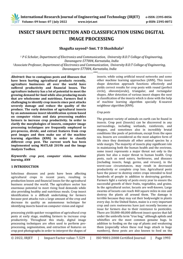 INSECT SHAPE DETECTION AND CLASSIFICATION USING DIGITAL IMAGE PROCESSING | PDF