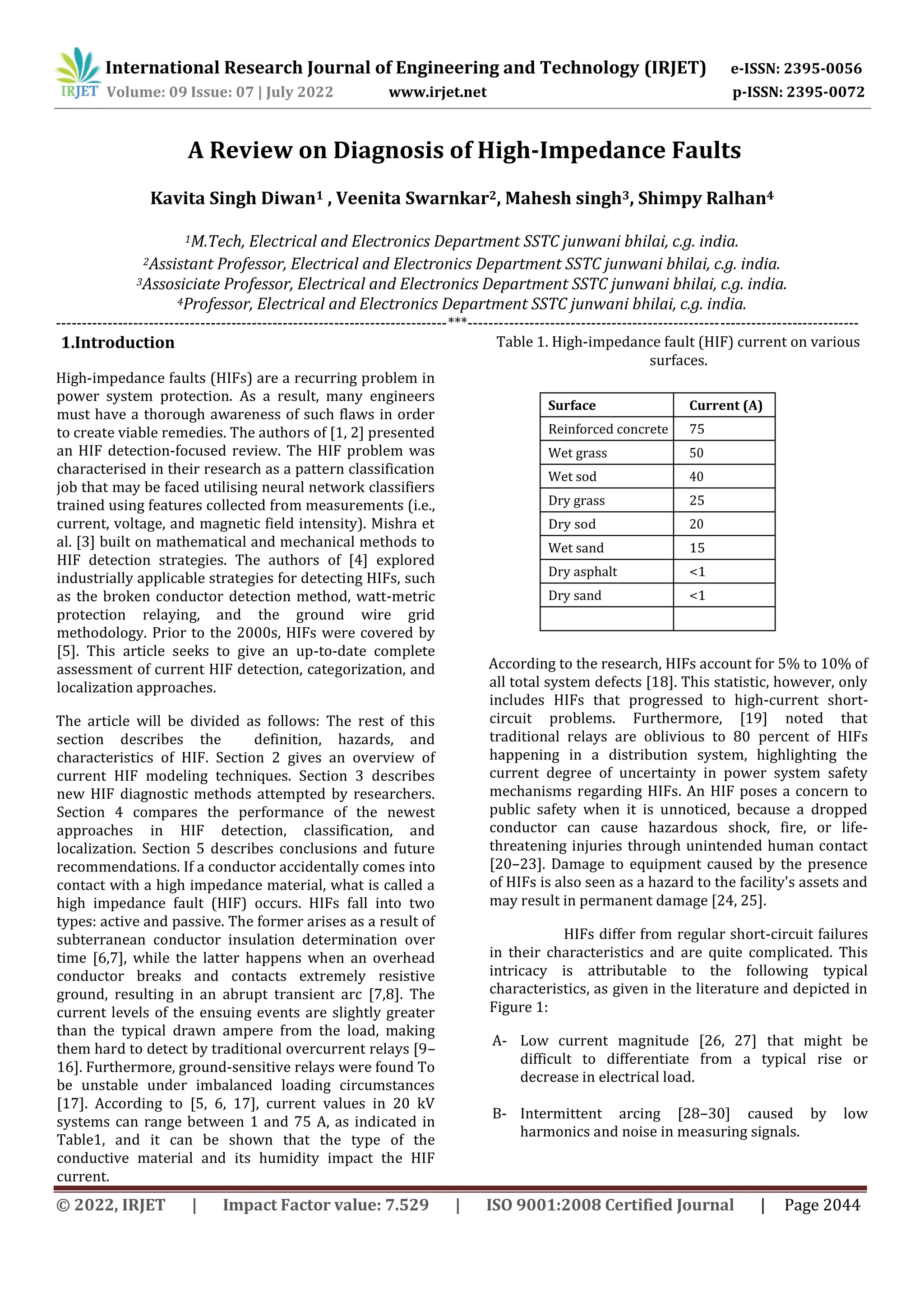 A Review on Diagnosis of High-Impedance Faults | PDF