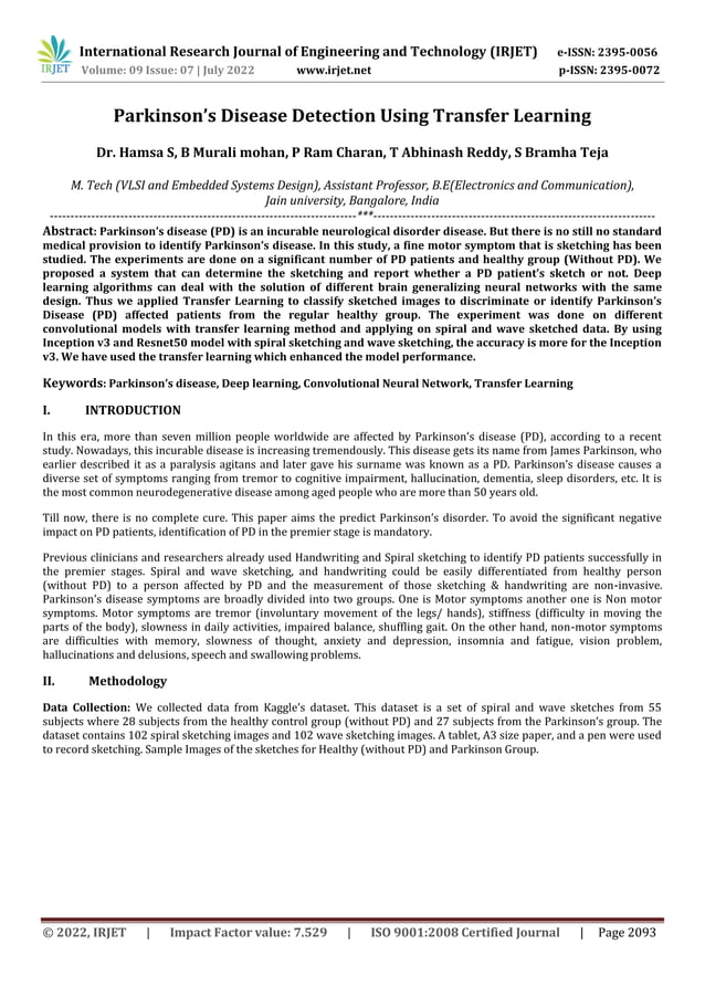 Parkinson’s Disease Detection Using Transfer Learning | PDF