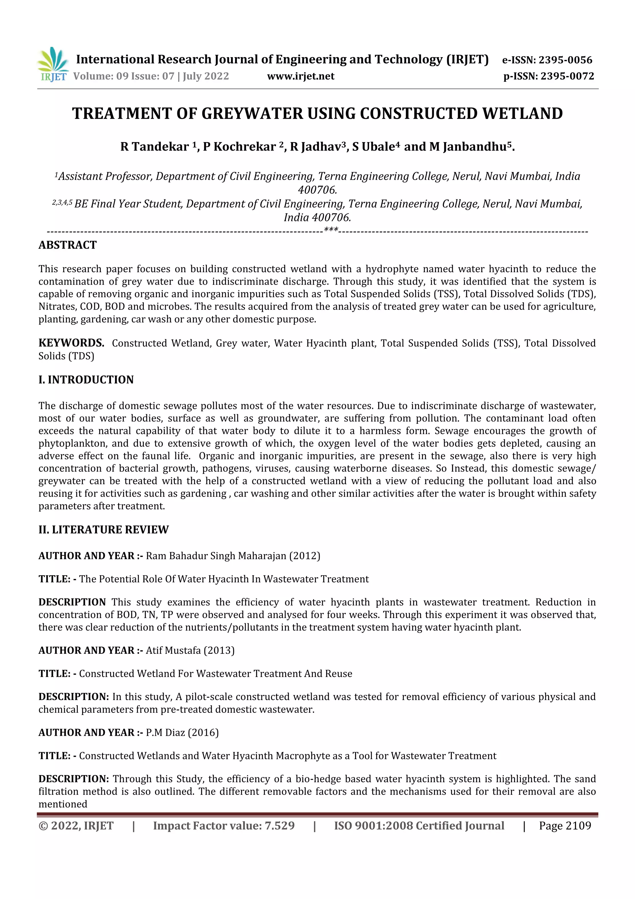 TREATMENT OF GREYWATER USING CONSTRUCTED WETLAND | PDF