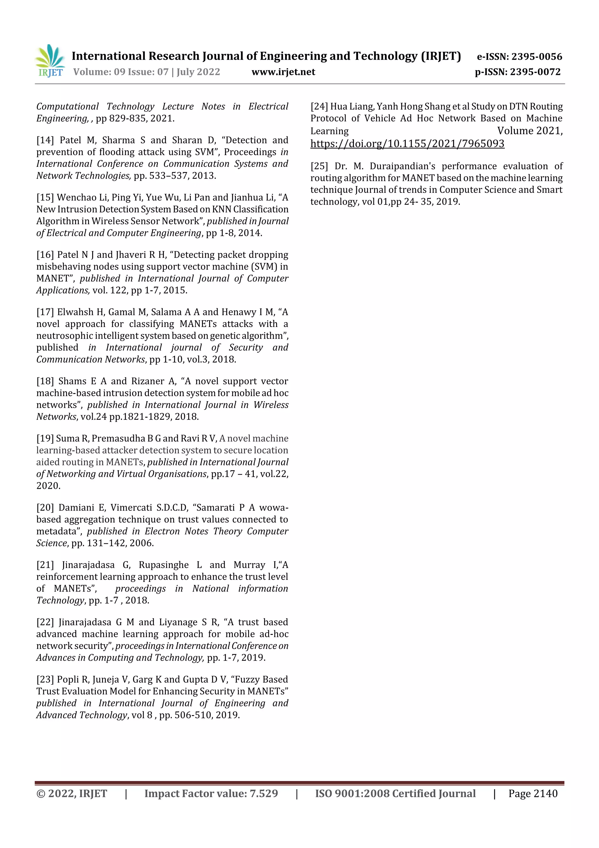 Performance Analysis In Manet Routing Protocol Using Machine Learning Algorithm For Data