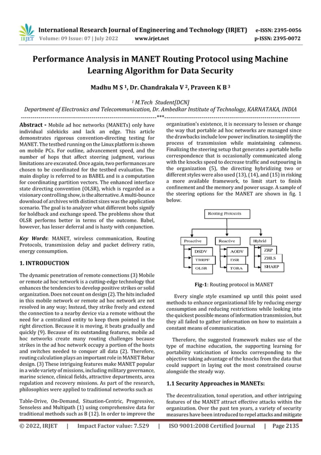 Performance Analysis in MANET Routing Protocol using Machine Learning Algorithm for Data ...