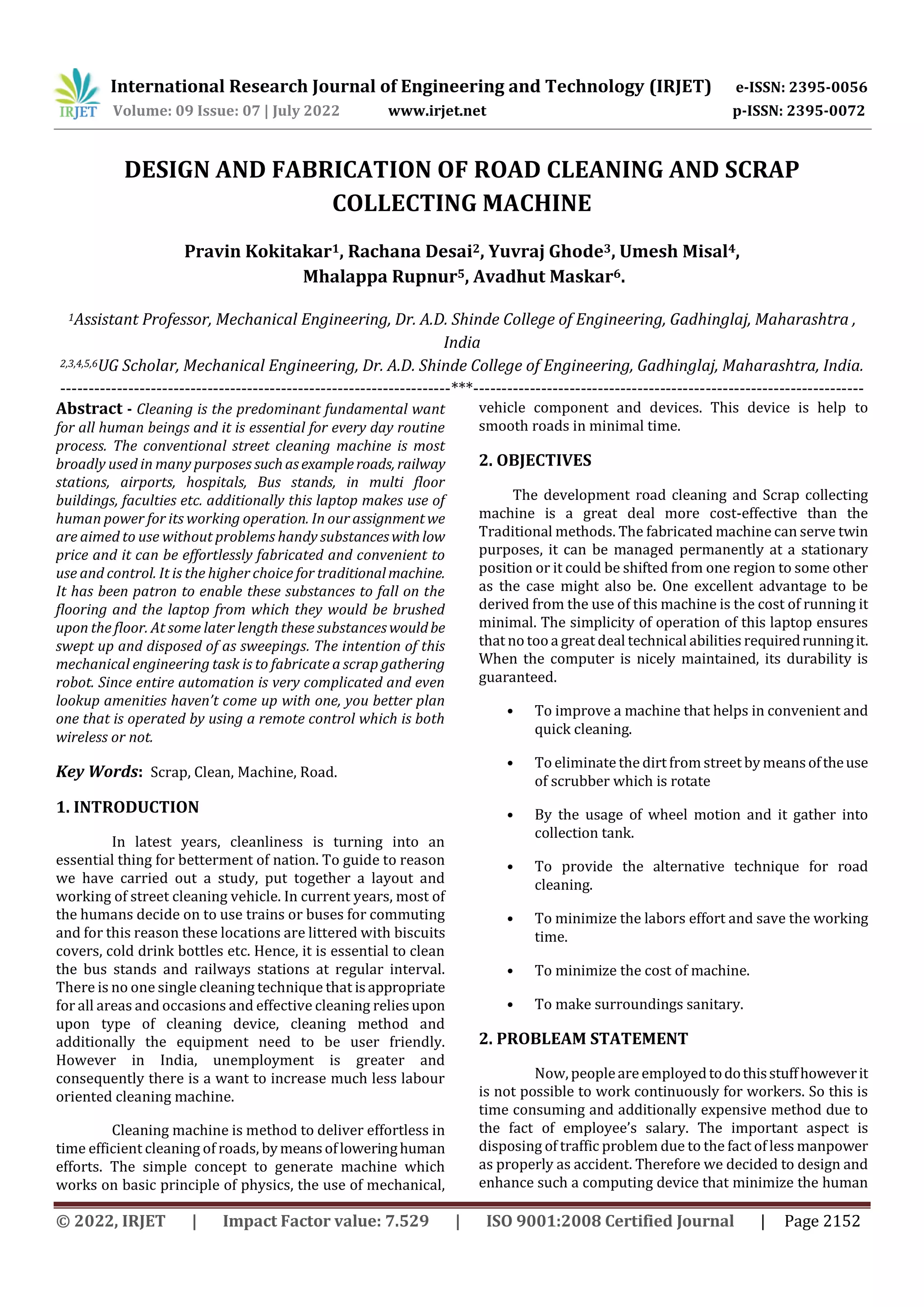 DESIGN AND FABRICATION OF ROAD CLEANING AND SCRAP COLLECTING MACHINE | PDF