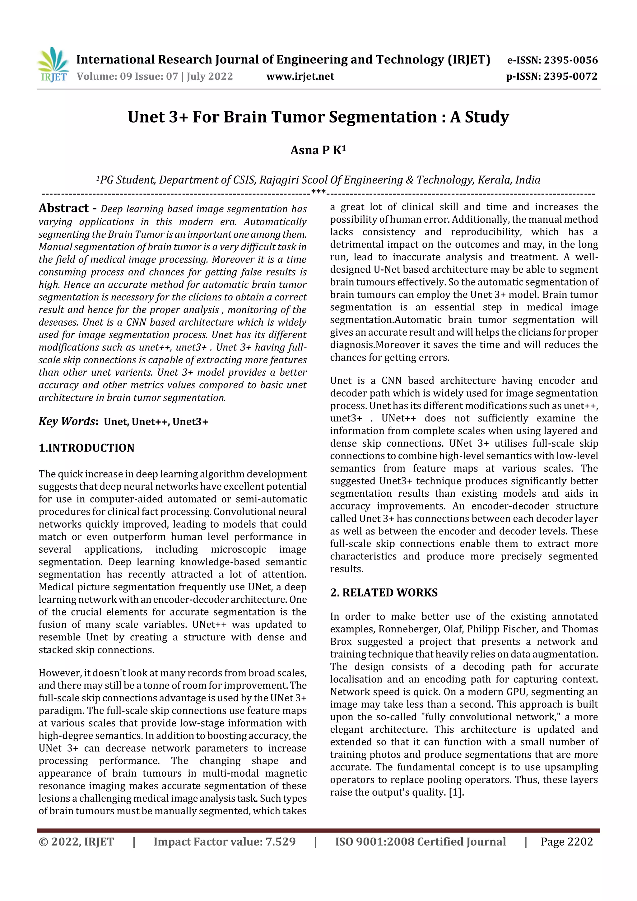Unet 3+ For Brain Tumor Segmentation : A Study | PDF