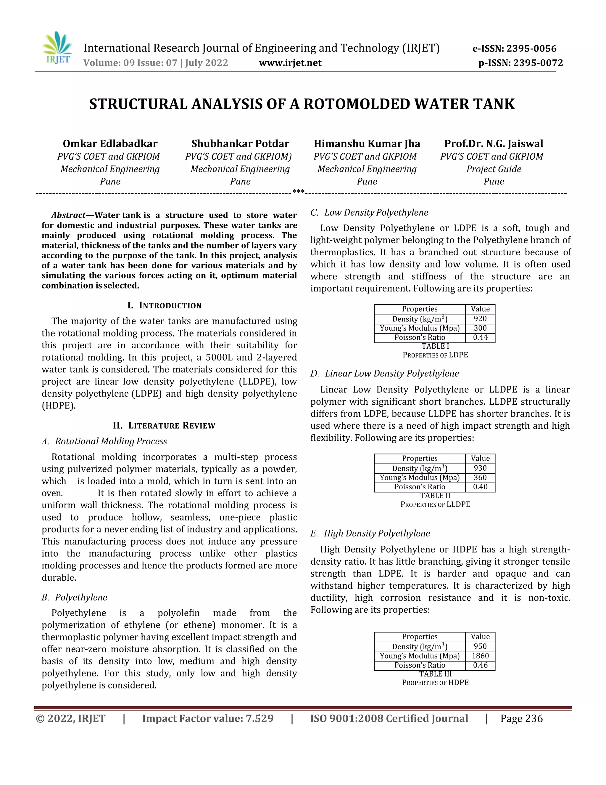 STRUCTURAL ANALYSIS OF A ROTOMOLDED WATER TANK | PDF