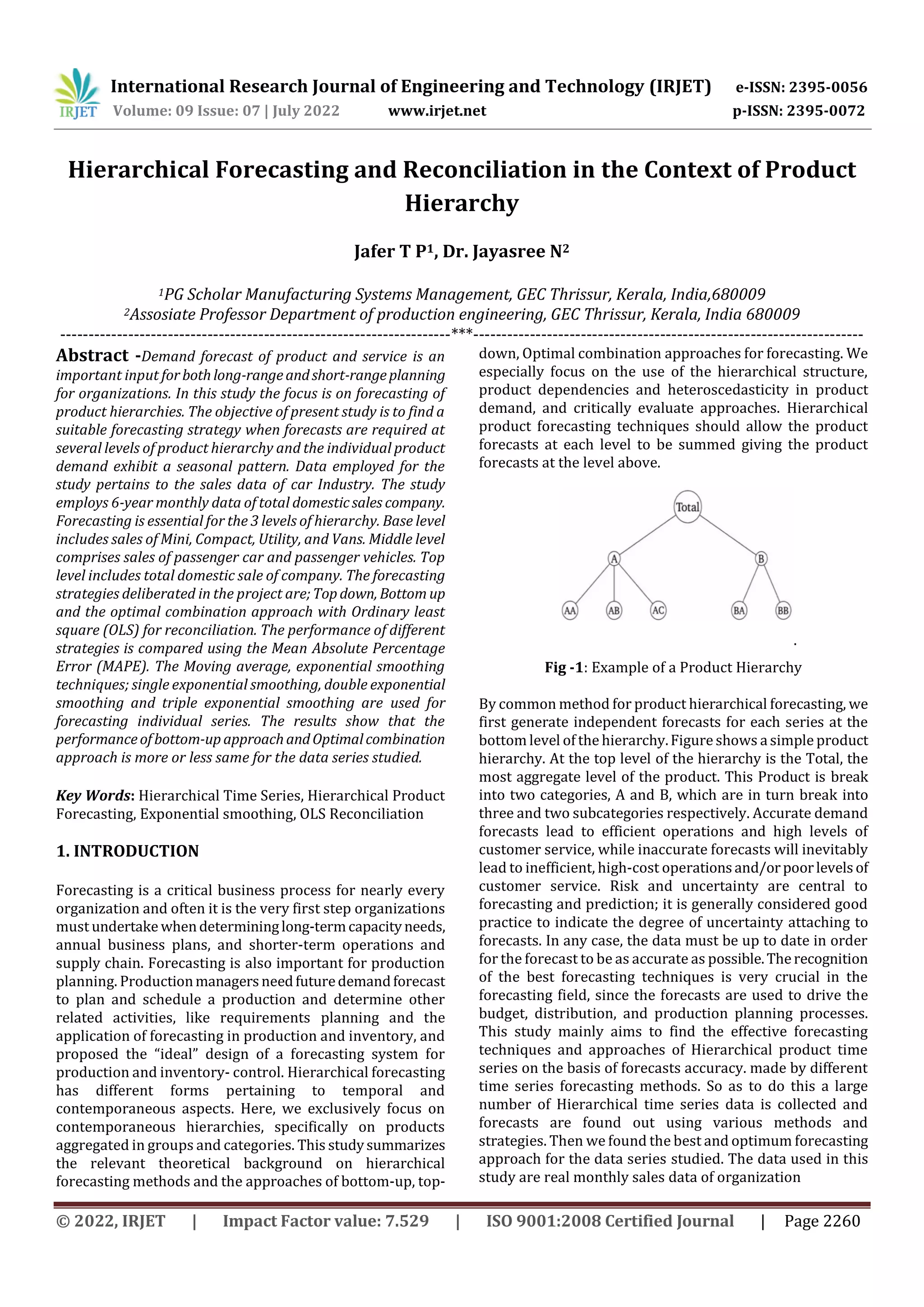 Hierarchical Forecasting and Reconciliation in the Context of Product Hierarchy | PDF
