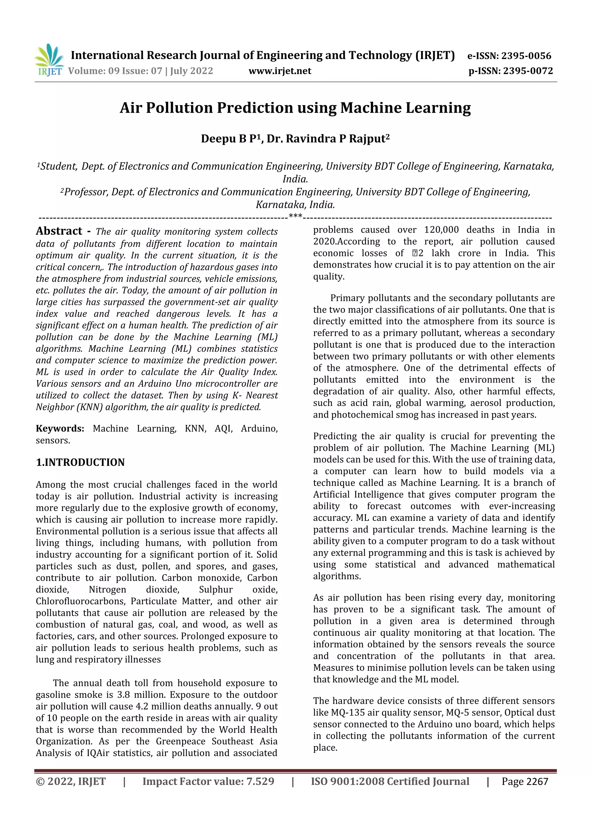 Air Pollution Prediction using Machine Learning | PDF