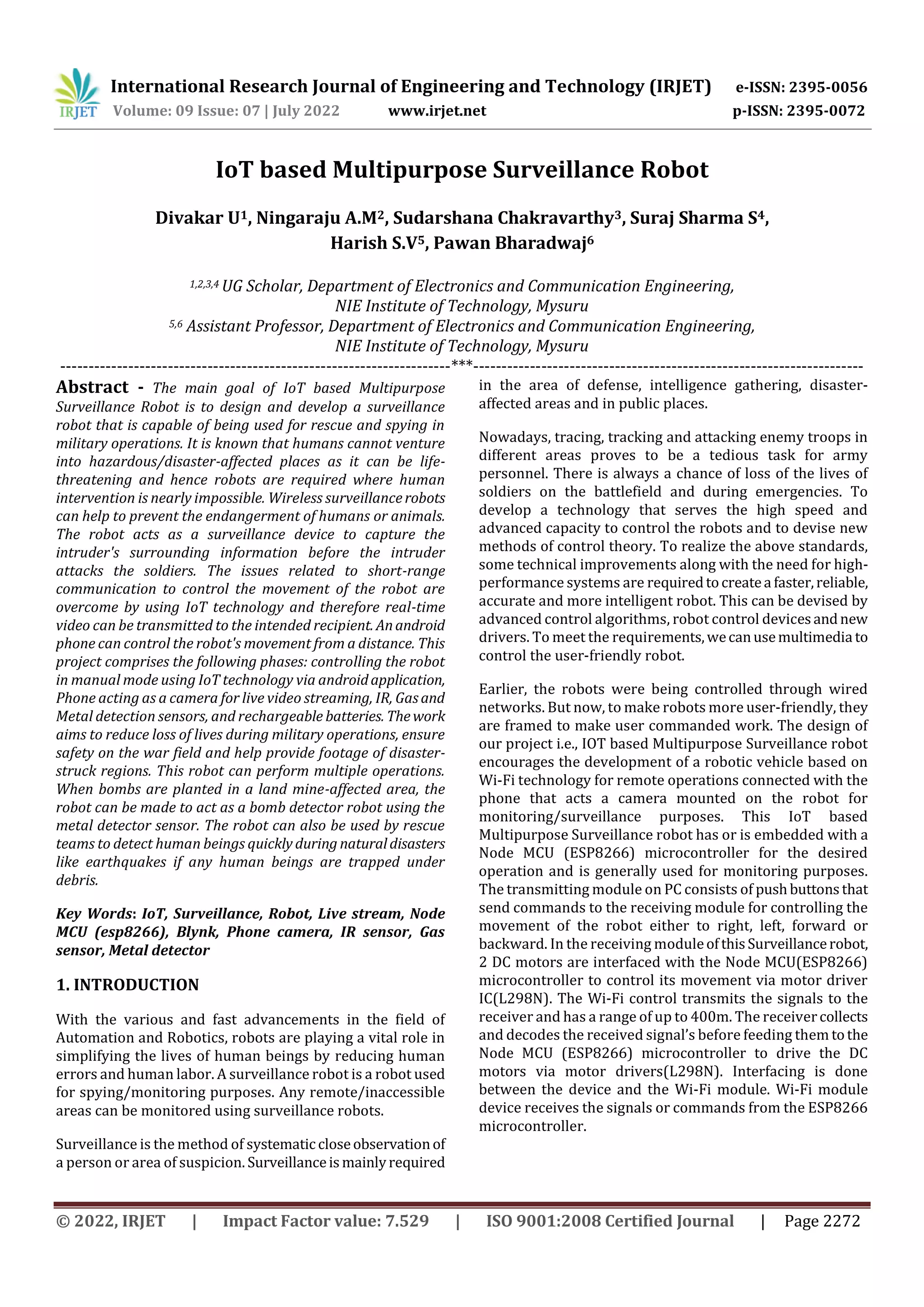 IoT based Multipurpose Surveillance Robot | PDF